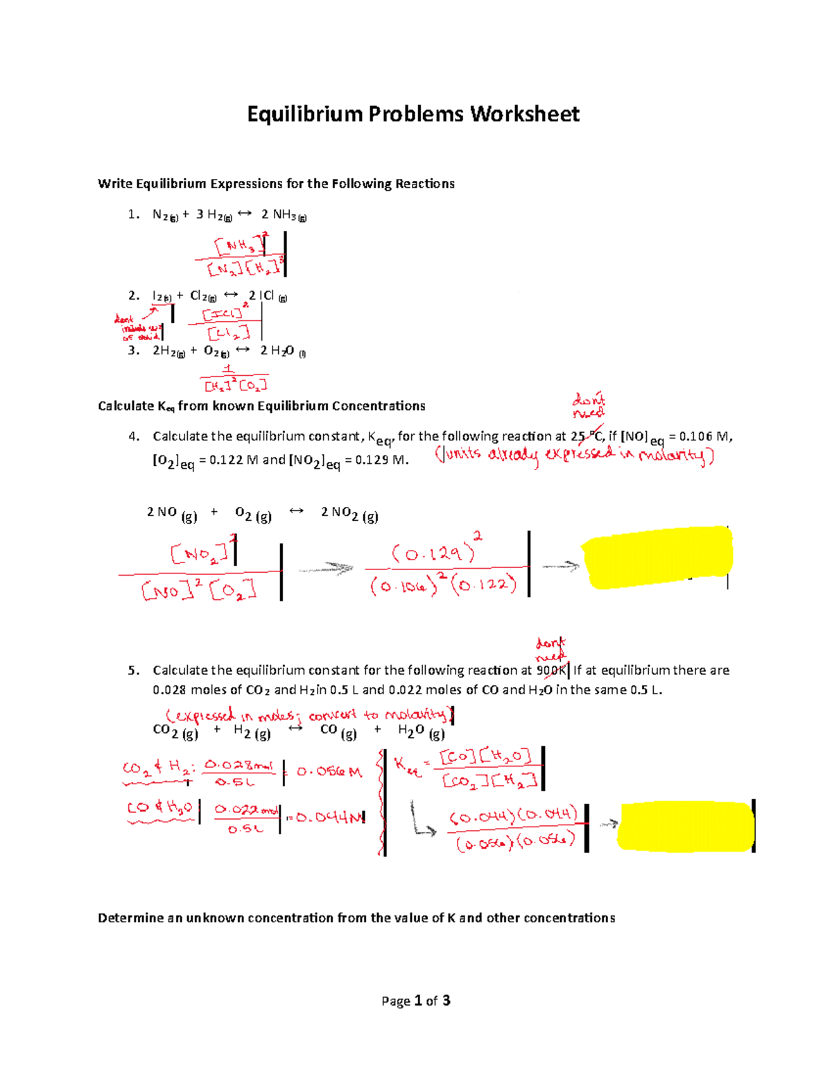 Equilibrium Problems Worksheet (chem 2) - Equilibrium Problems ...