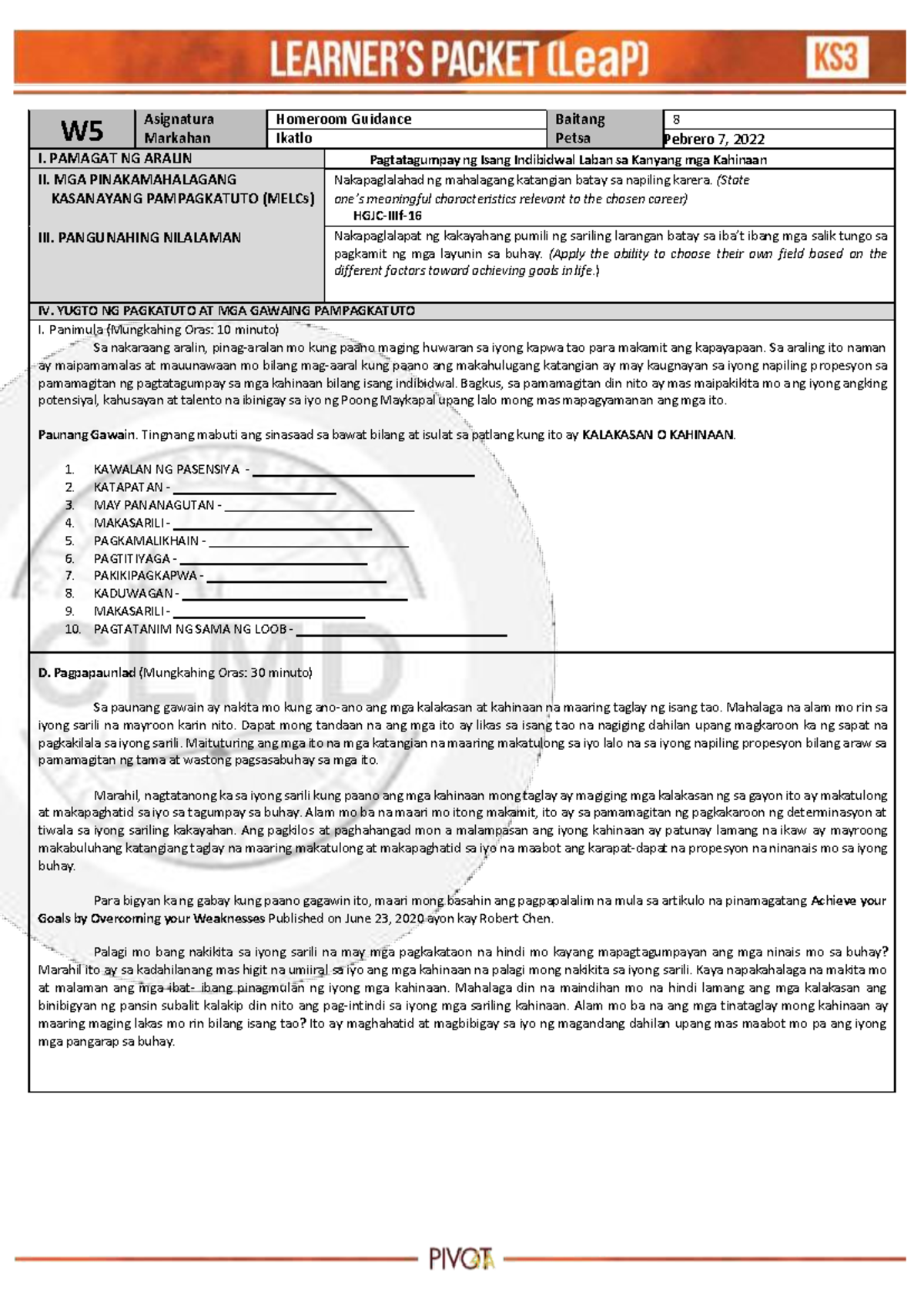 Q3 HGP 8 WEEK5 - ENG 10 Lesson - W Asignatura Homeroom Guidance Baitang 8 Markahan Ikatlo Petsa ...