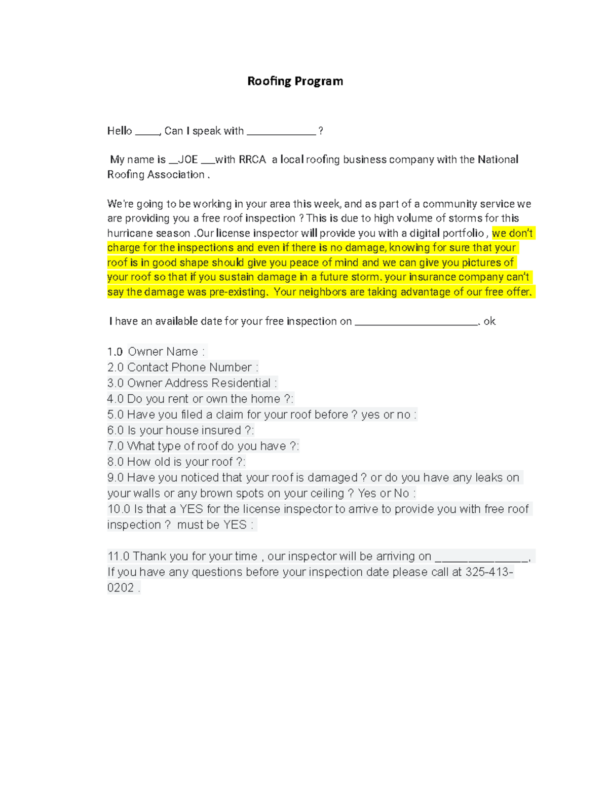 RRCA Residential Script 2022 - Roofing Program Hello _____, Can I speak ...