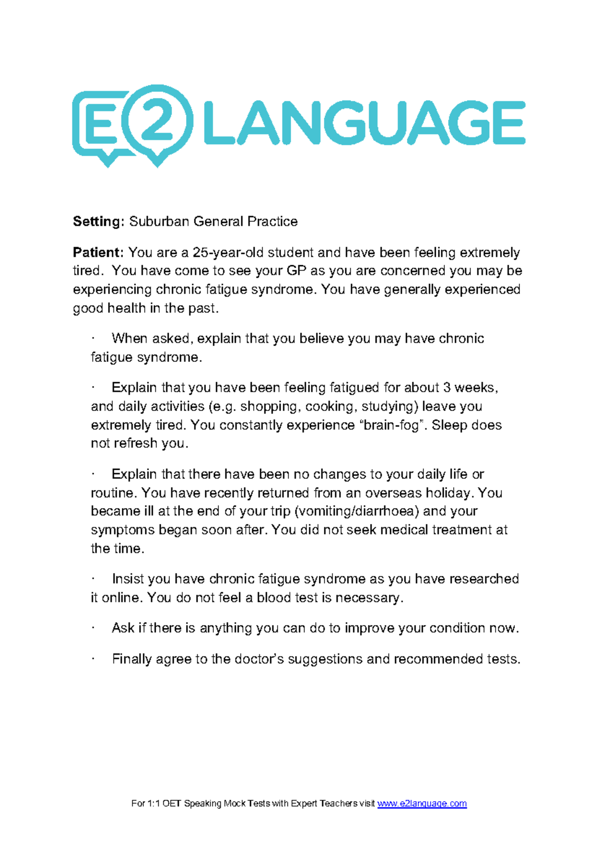 E2 patient card - For 1:1 OET Speaking Mock Tests with Expert Teachers ...