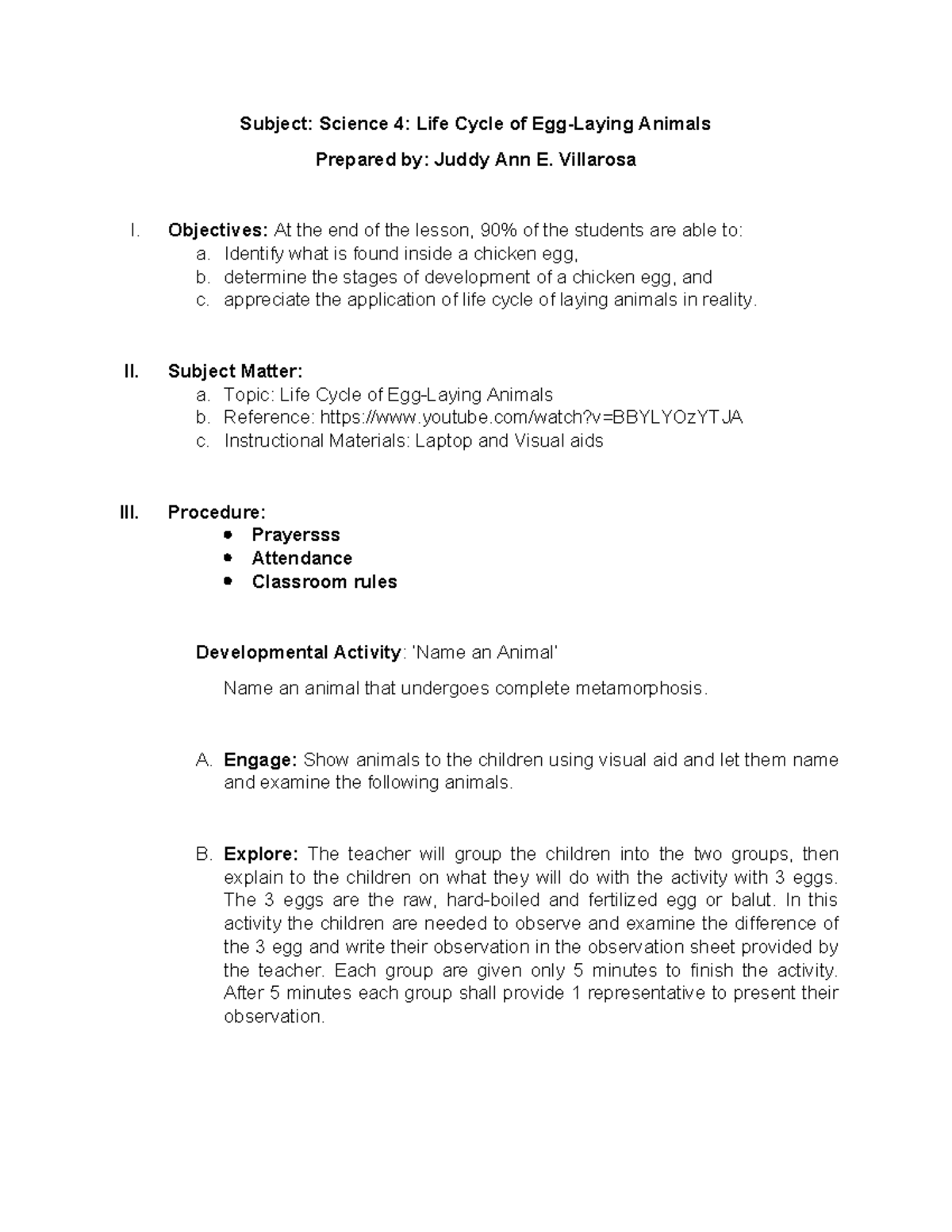 Grade 4 Science LP for Demo - Subject: Science 4: Life Cycle of Egg ...