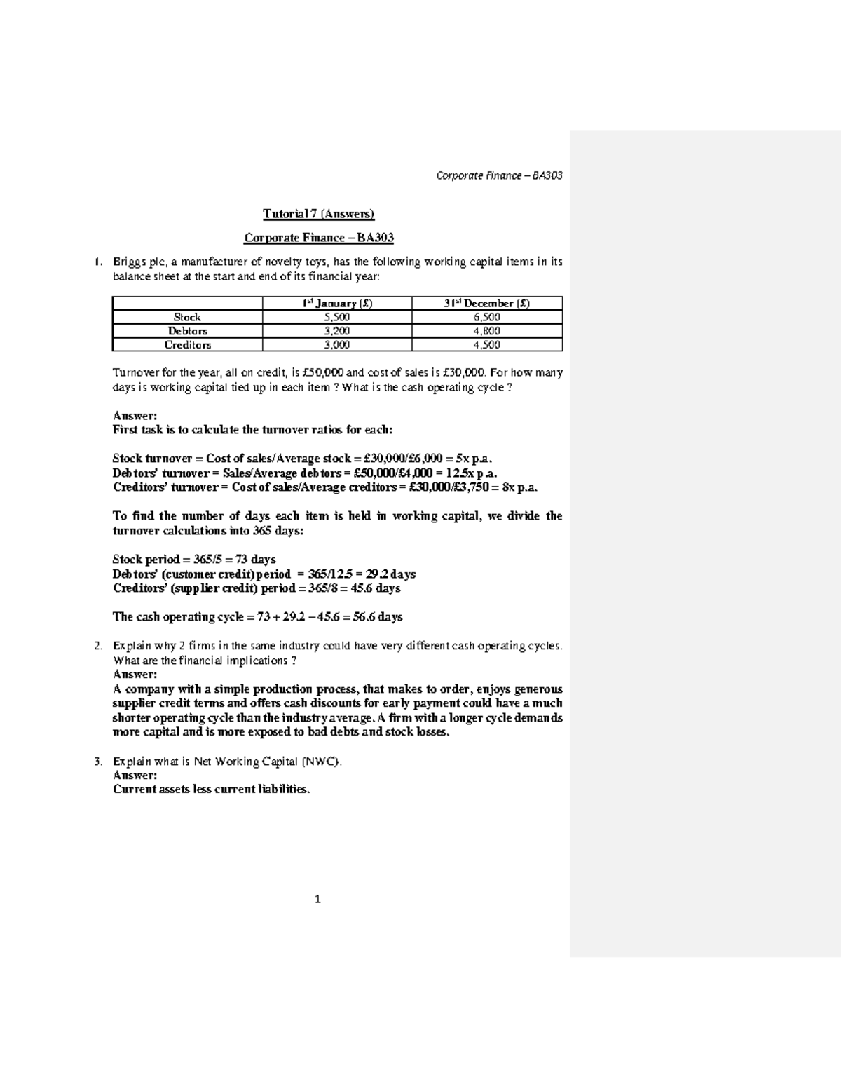Corp fin Tutorial 7 - Solution - Tutorial 7 (Answers) Corporate Finance ...