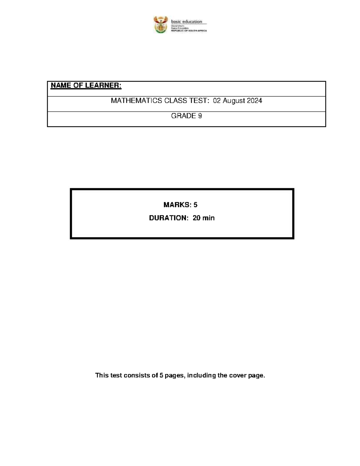 Grade 9 Class TEST 02 August 2024 - NAME OF LEARNER: MATHEMATICS CLASS ...