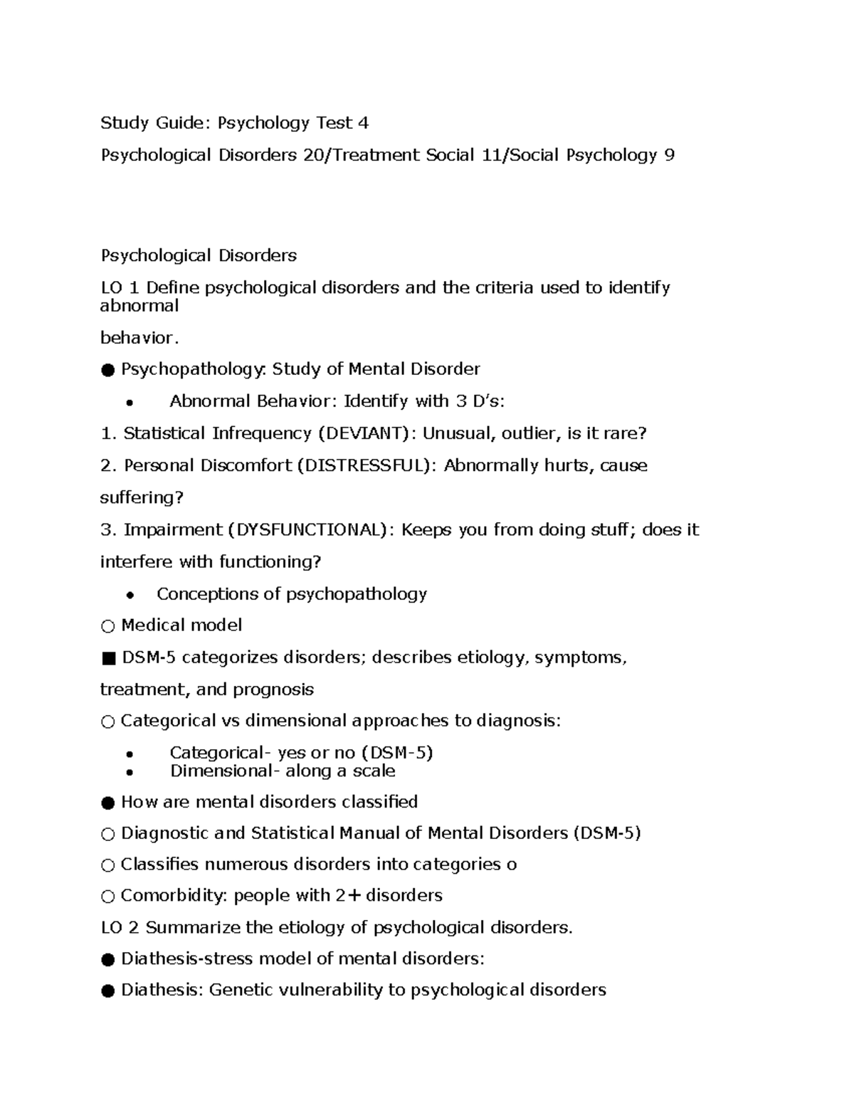 Study Guide Psychology Test 4 - Psychopathology: Study of Mental ...