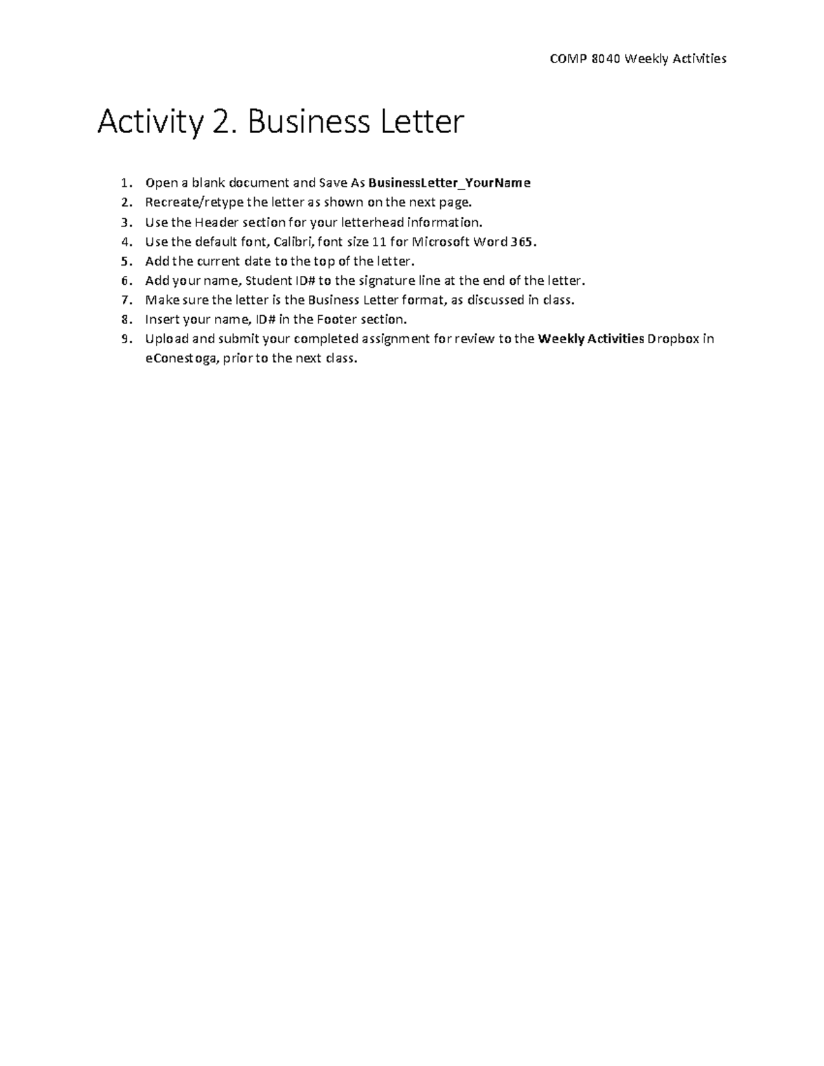 Activity 2. Business Letter - COMP 8040 Weekly Activities Activity 2 ...