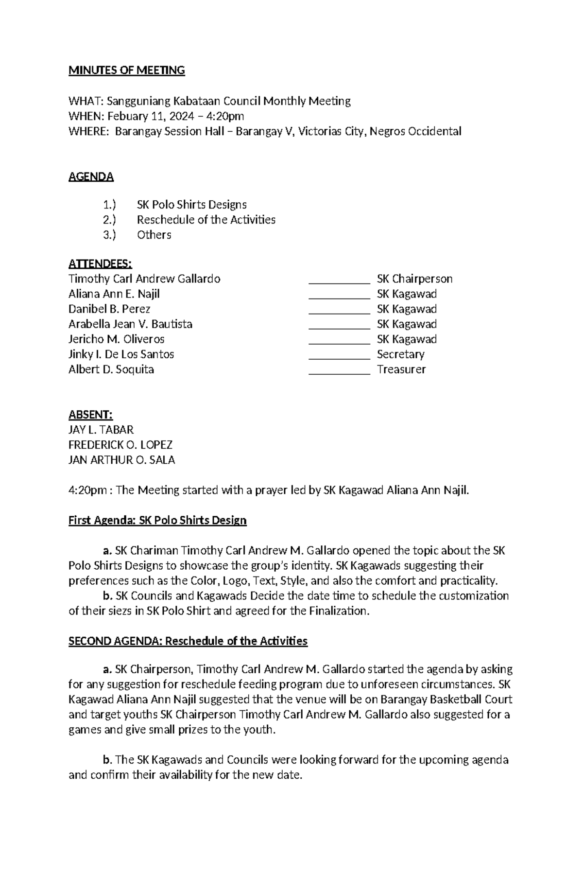 Minutes OF Meeting - 123 - MINUTES OF MEETING WHAT: Sangguniang ...