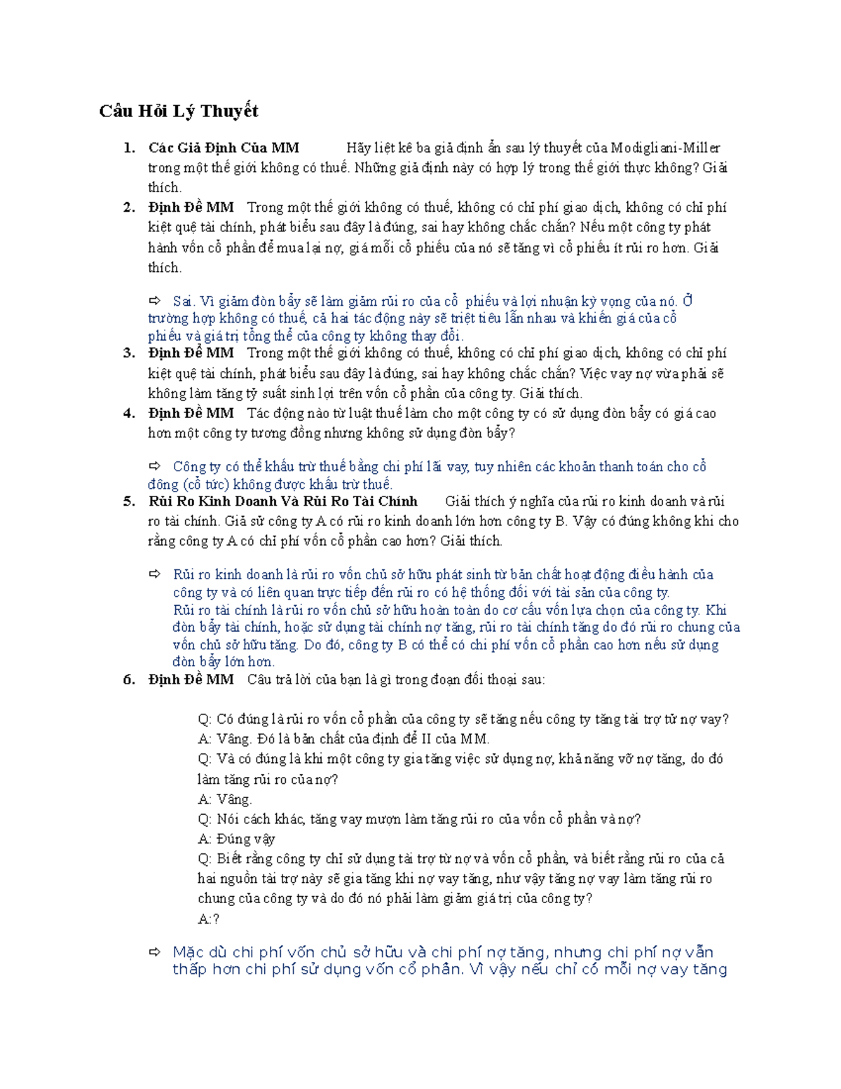 536907475 Cau Hỏi LT BT C16 - Câu Hỏi Lý Thuyết Các Giả Định Của MM Hãy liệt kê ba giả định ẩn ...