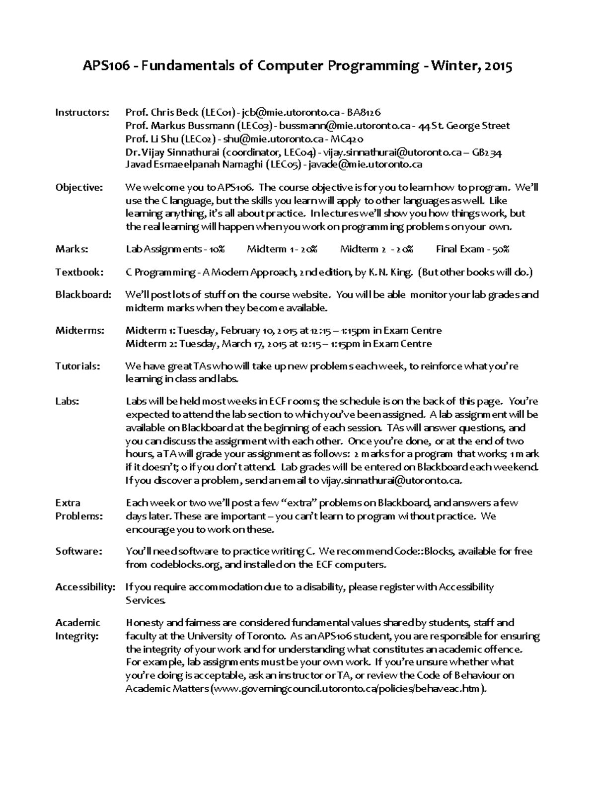 Aps106H1 20151 651430764759Syllabus2015 - Aps106 - Final - APS106 ...