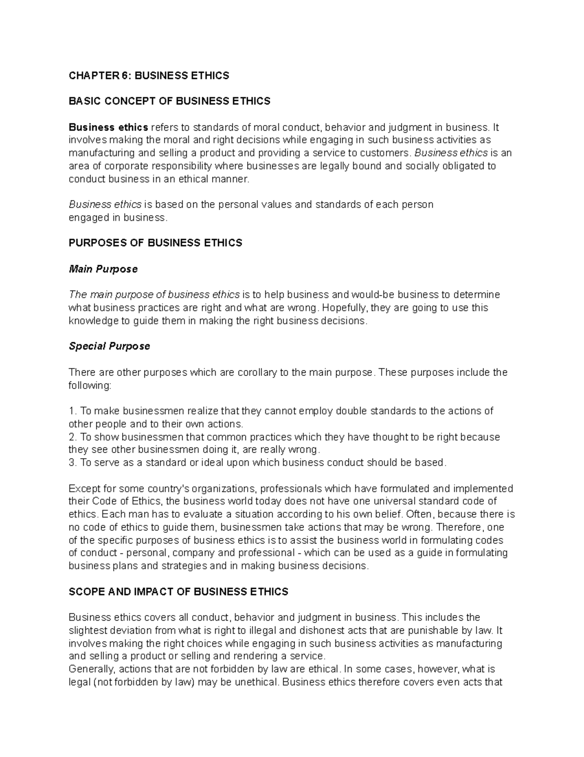 Chapter 6 - aral well - CHAPTER 6: BUSINESS ETHICS BASIC CONCEPT OF ...