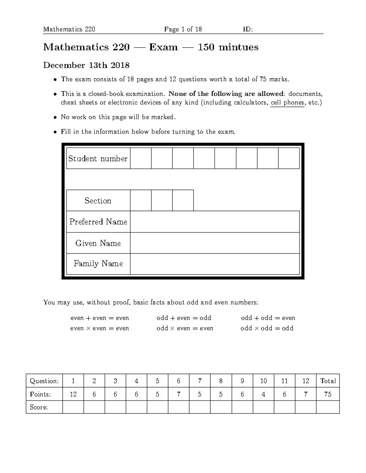 Exam 2018 - MATH220 Exam - Mathematics 220 Page 1 of 18 ID: Mathematics ...