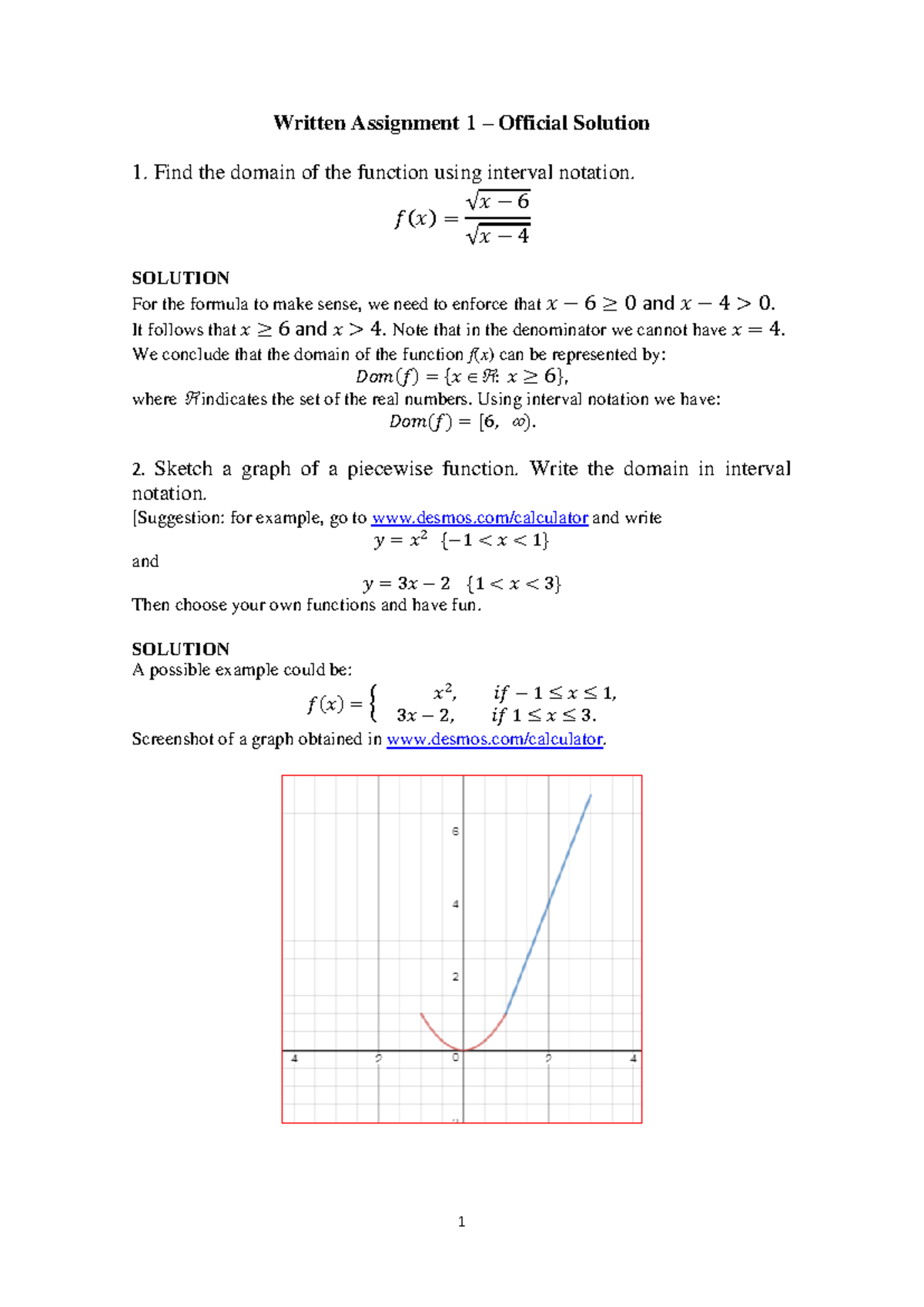 College Algebra Unit 1 Assignment Solustions - 1 Written Assignment 1 ...