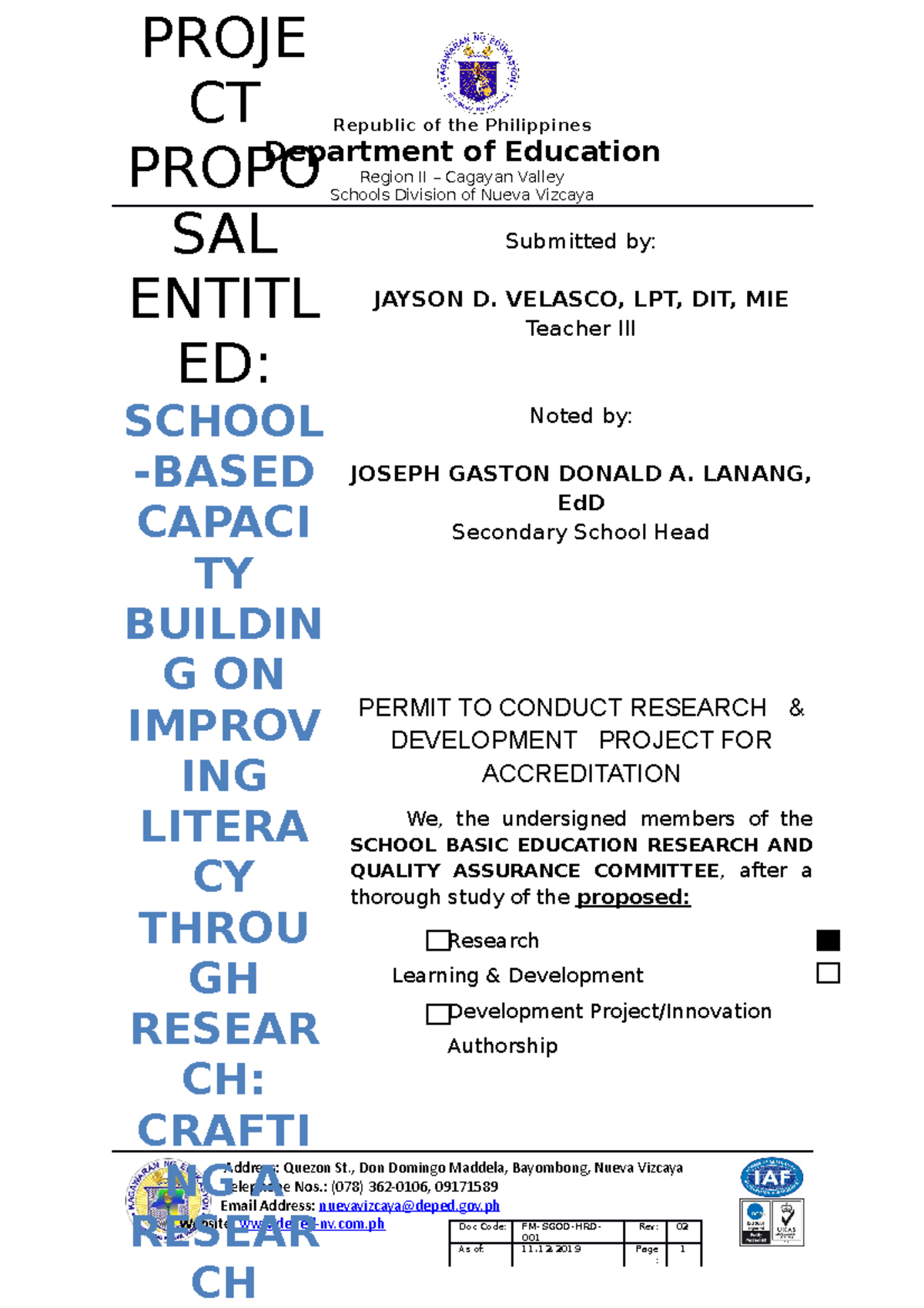 Research proposal Jvelasco - Republic of the Philippines Department of ...