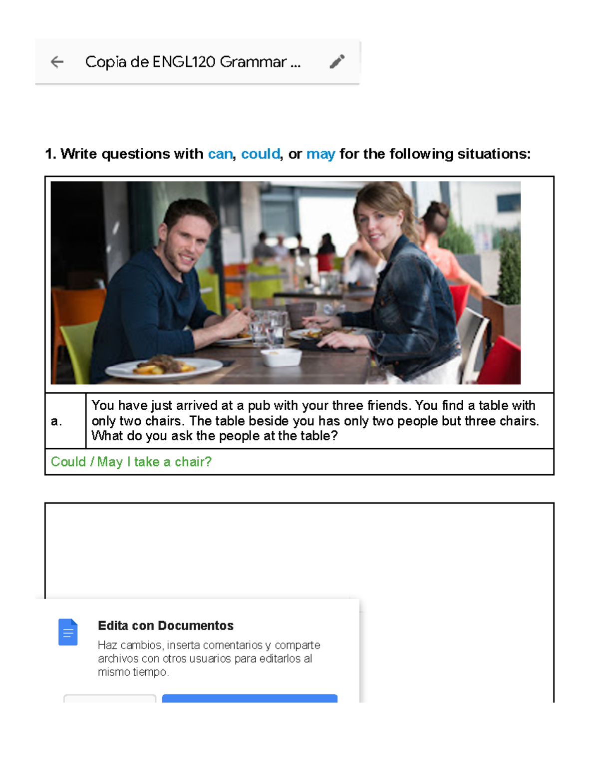 Copia de ENGL120 Grammar 4-3- Making Requests - 1. Write questions with ...