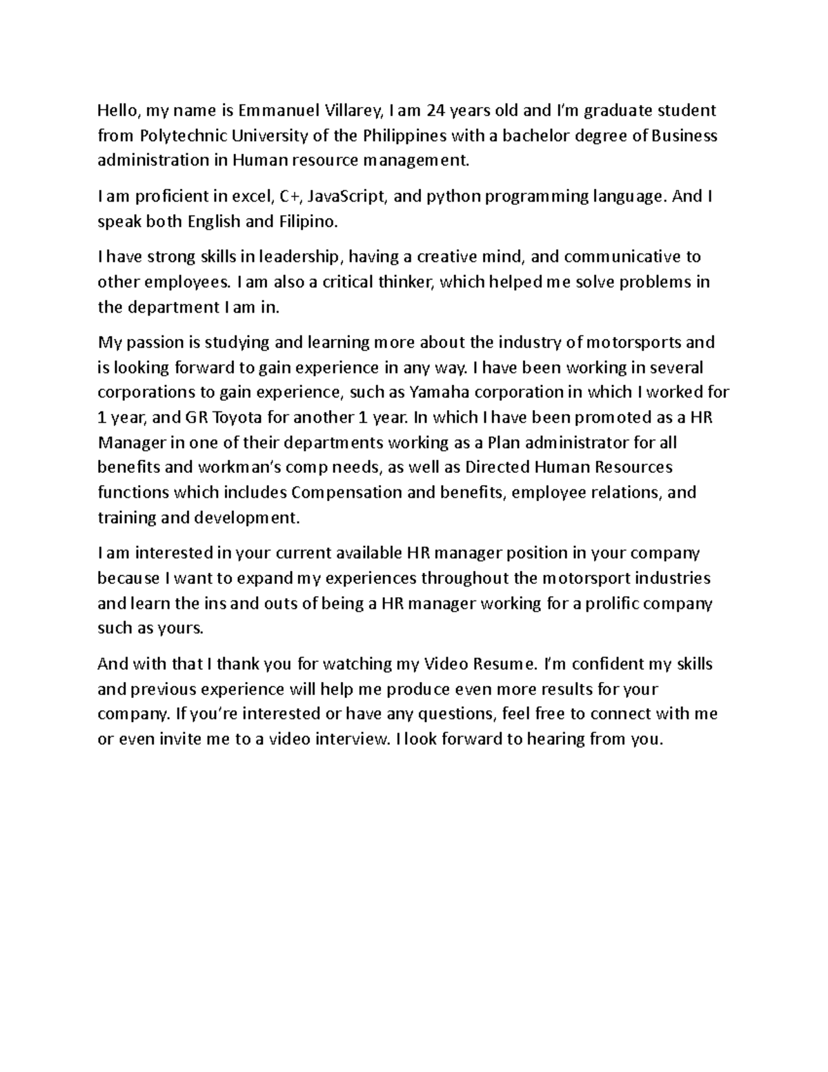 Resume Script - N/A - Hello, my name is Emmanuel Villarey, I am 24 ...