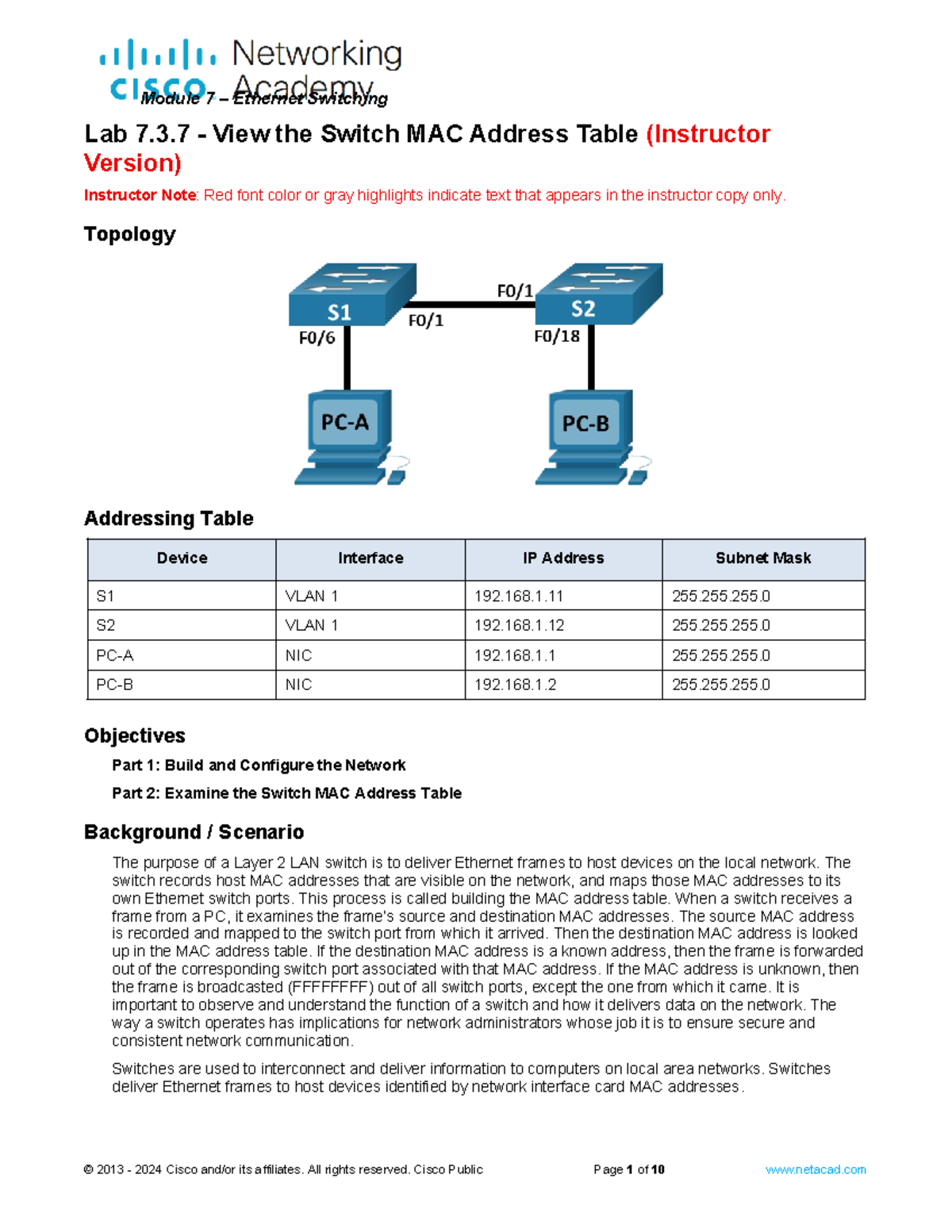 7 - daxcvvvdzcdvdvdvds - Module 7 – Ethernet Switching Lab 7.3 - View the Switch MAC Address ...