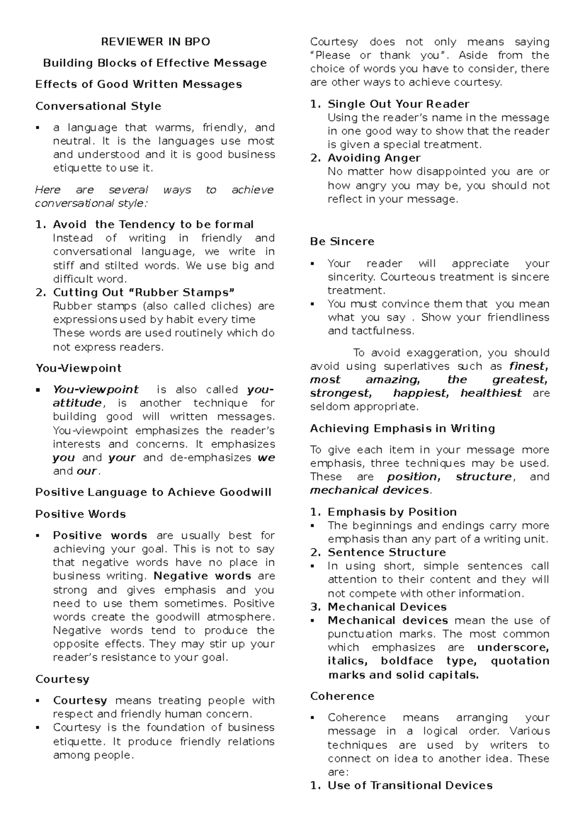 Reviewer-IN-BPO - REVIEWER IN BPO Building Blocks of Effective Message ...