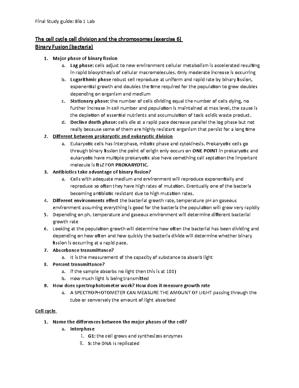 Bio lab final study guide Spring - Final Study guide: Bio 1 Lab The ...