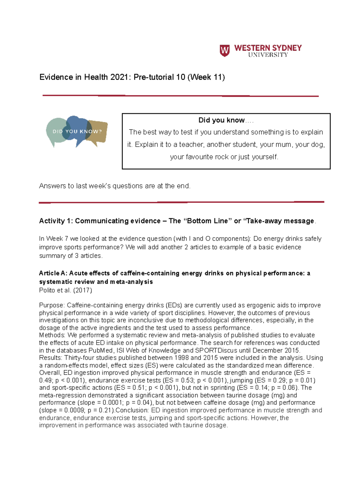 401383 EIH Pre-tutorial 10 (Week 11 ) - Evidence in Health 2021: Pre ...