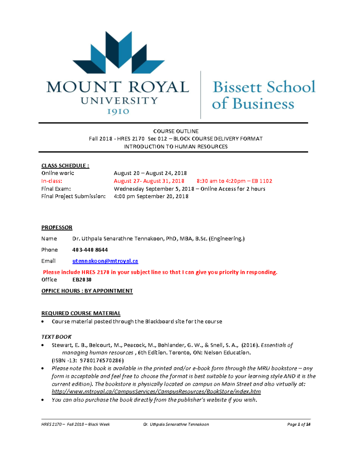 Course Outline Fall 2018 - COURSE OUTLINE Fall 2018 HRES 2170 Sec 012 ...