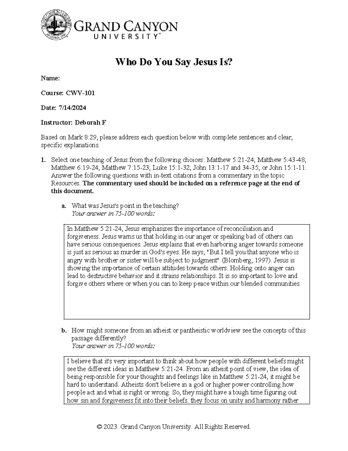 CWV-101 Who Do You Say Jesus Is - Who Do You Say Jesus Is? Name: Course ...