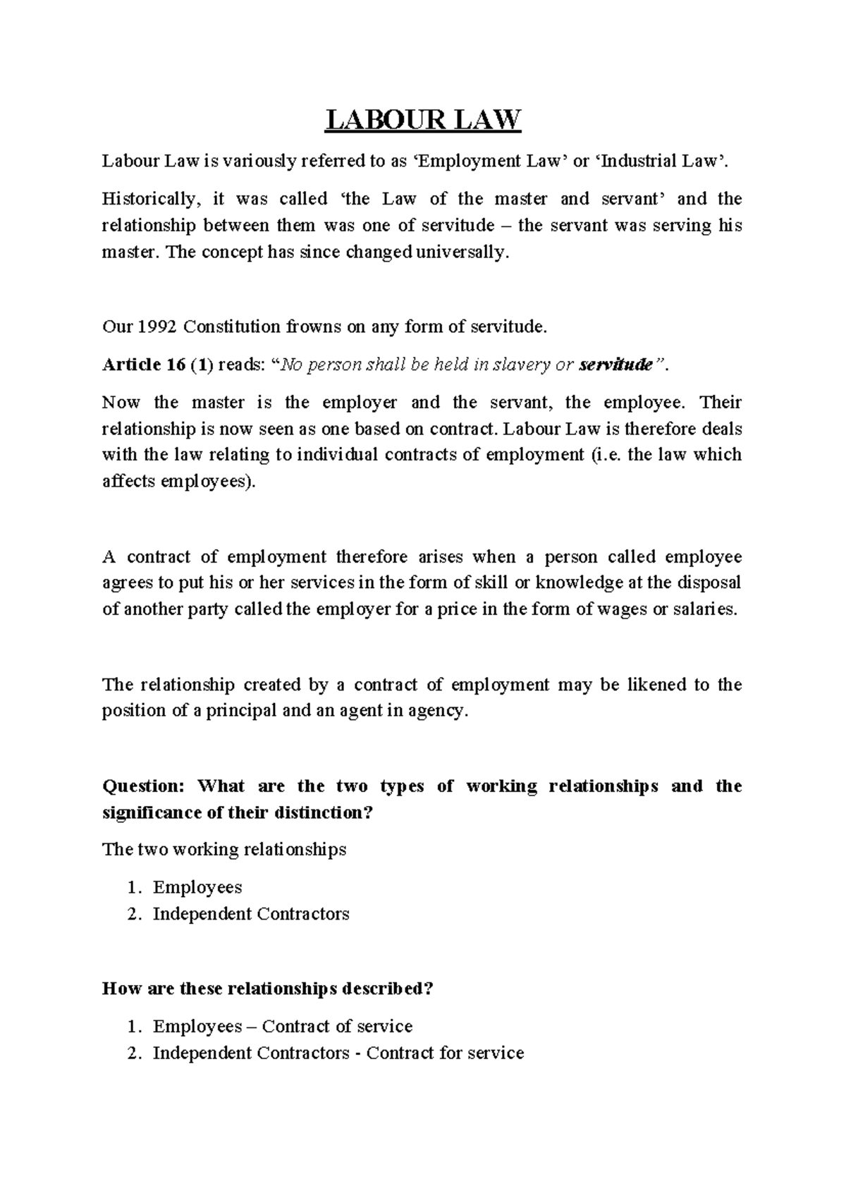 Labour LAW copy - Notes - LABOUR LAW Labour Law is variously referred ...