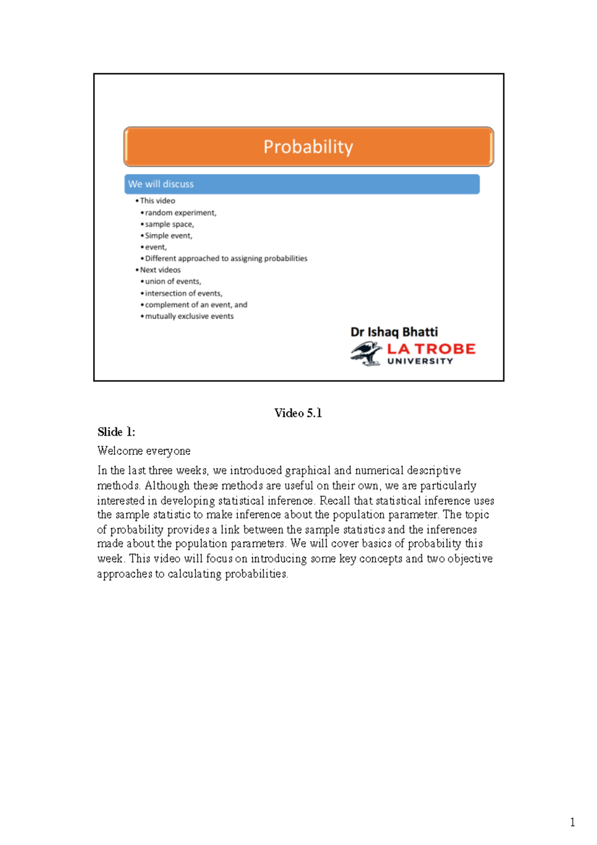 5.1. Introduction to Probability - Video 5. Slide 1: Welcome everyone ...