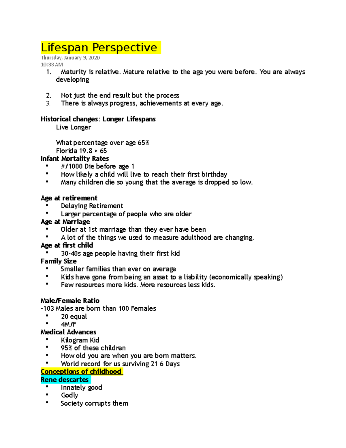 Lifespan Perspective - Lecture notes 2 - Lifespan Perspective Thursday ...
