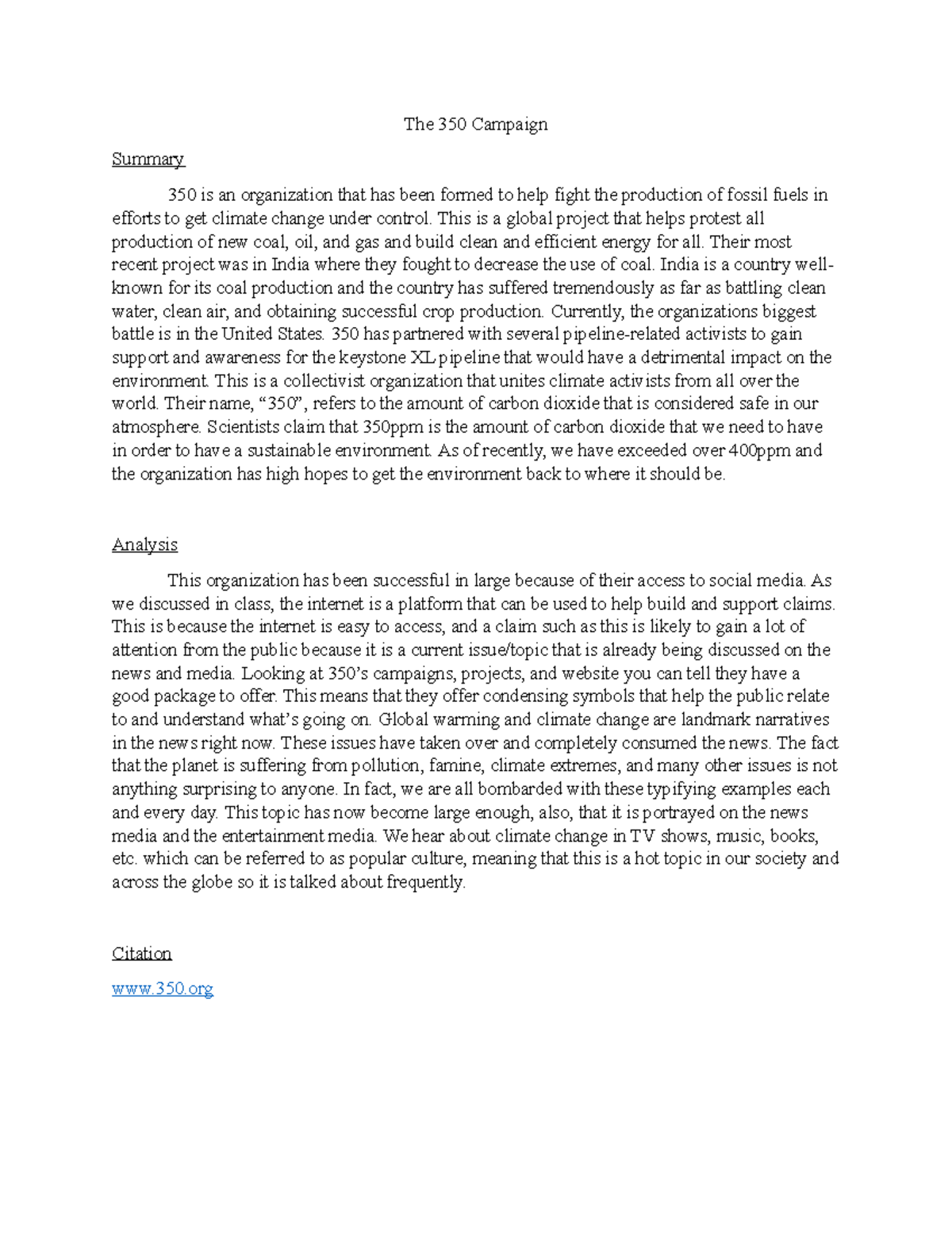 Article 4- the 350 campaign - The 350 Campaign Summary 350 is an ...