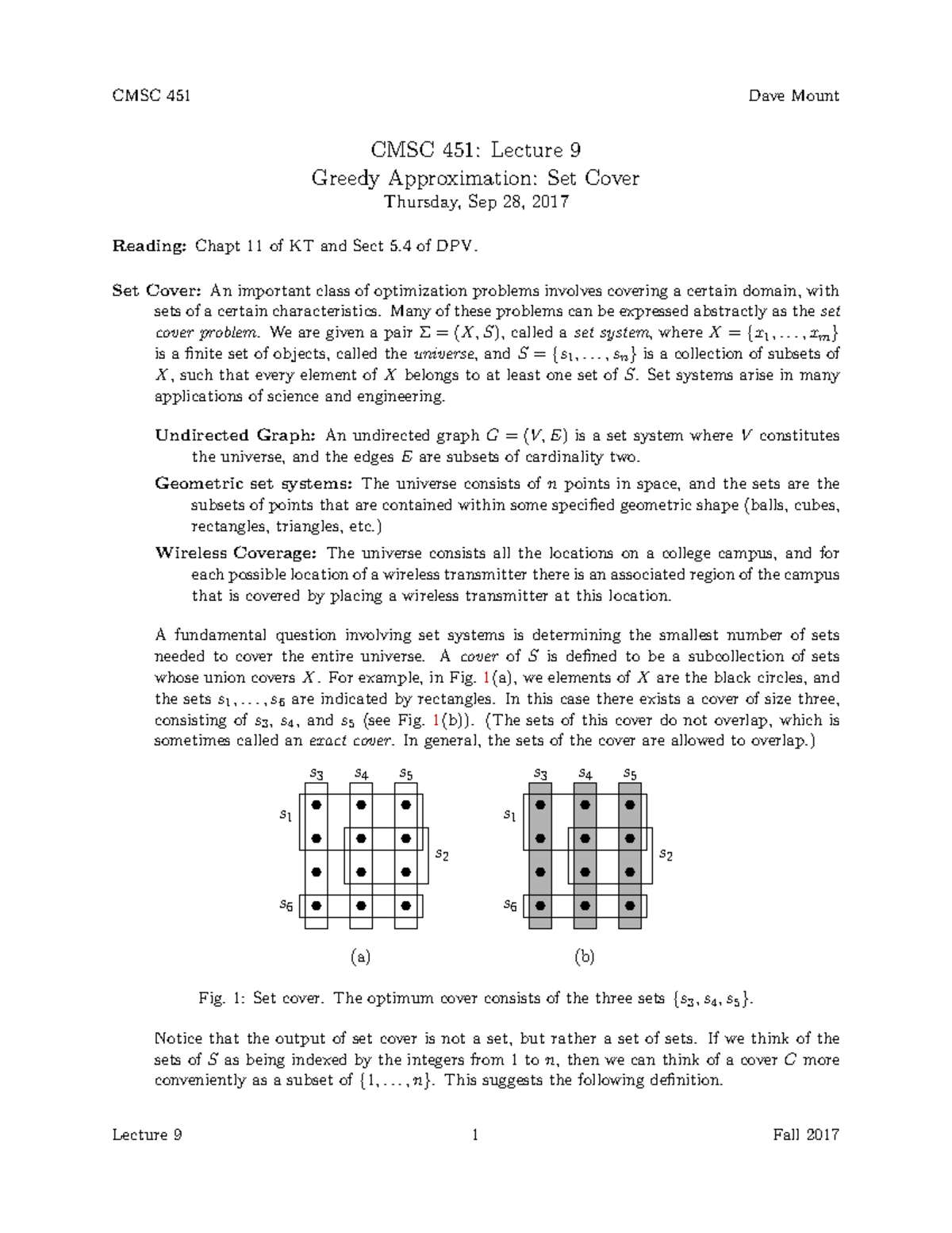 Lect09-set-cover - Set Cover - CMSC 451: Lecture 9 Greedy Approximation: Set Cover Thursday, Sep ...