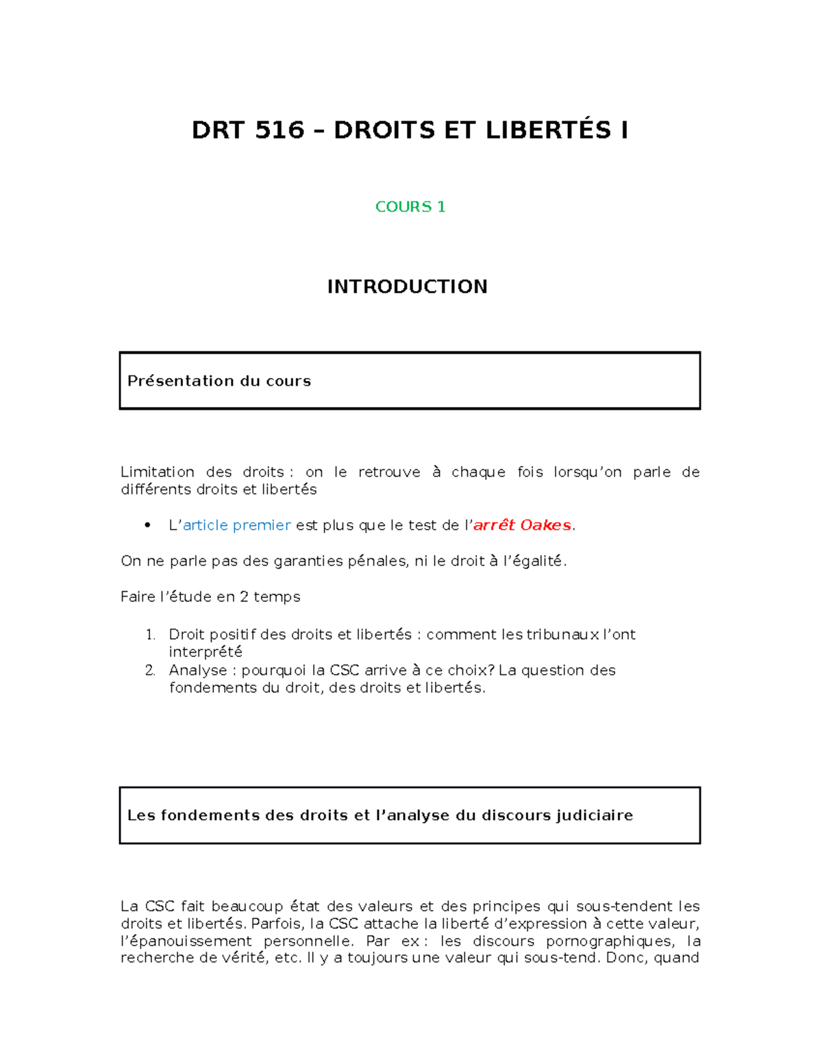 Droit et libértés I - Notes de cours 1-12 - DRT 516 – DROITS ET ...