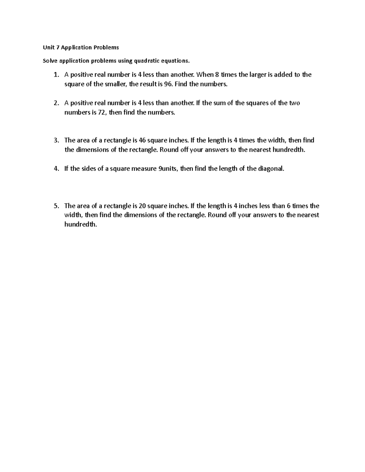 Unit 7 Problems 2020 - Notes - Unit 7 Application Problems Solve ...