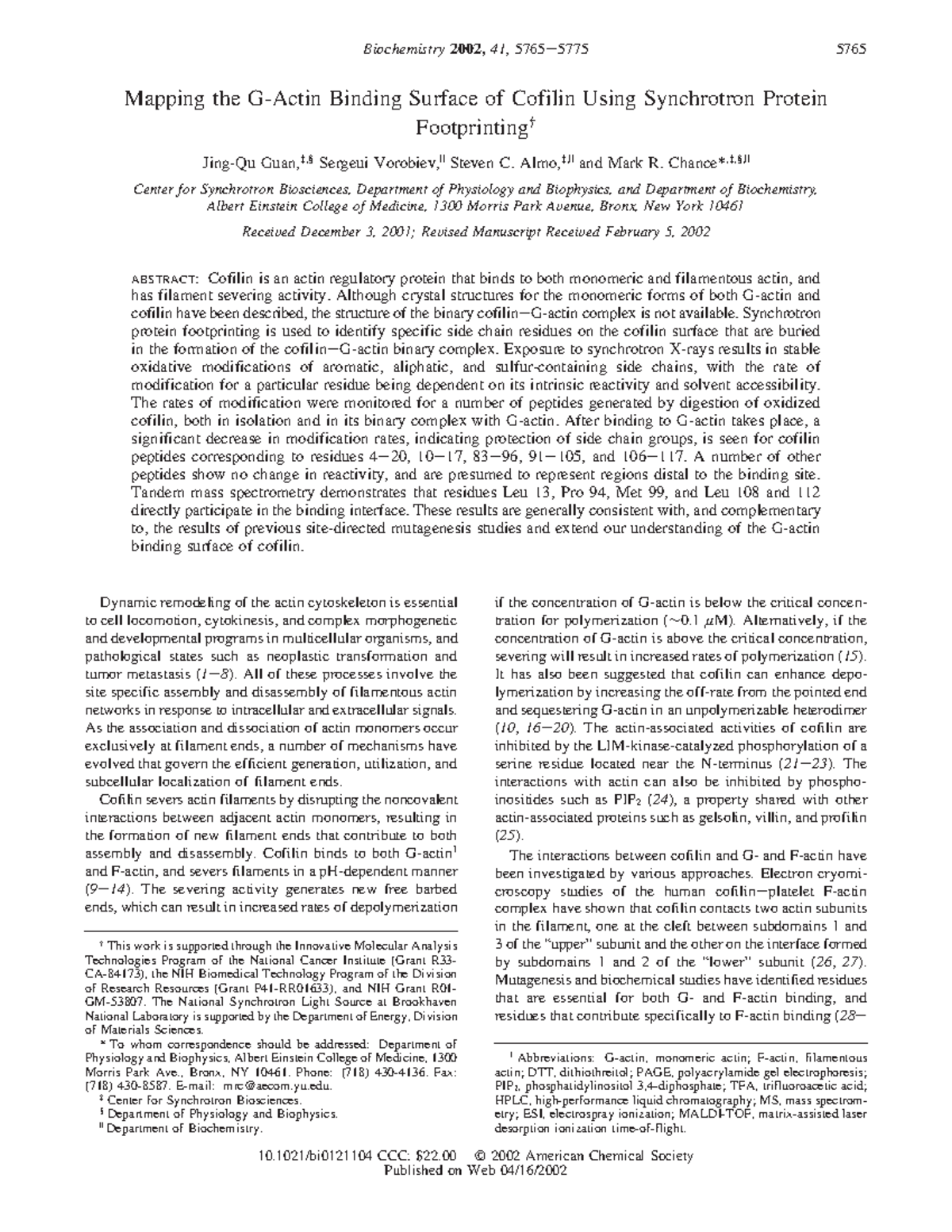 Mapping The G Actin Binding Surface Of Cofilin Using Synchrotron