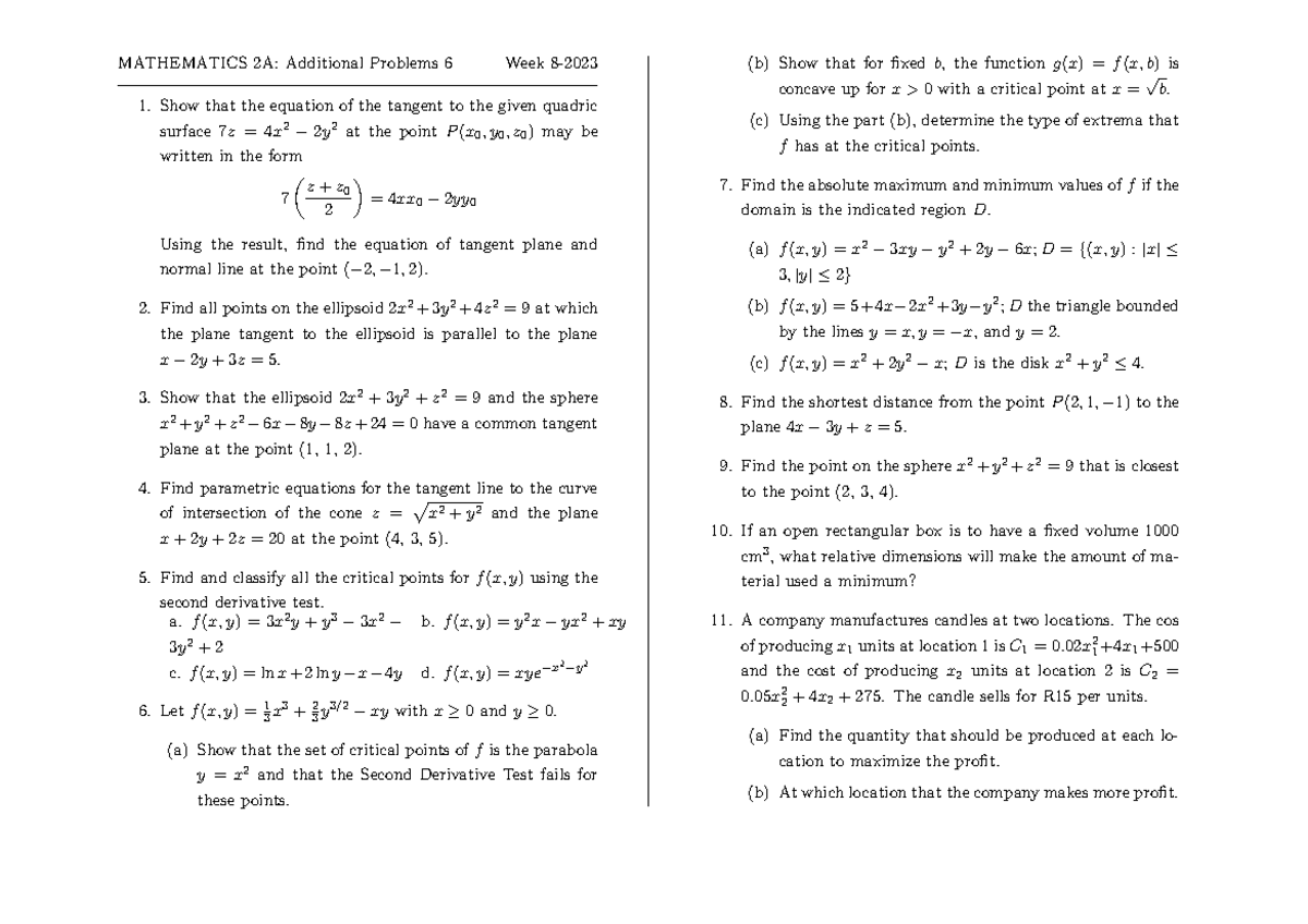 Tut 6 - tut work - MATHEMATICS 2A: Additional Problems 6 Week 8- Show that the equation of the ...