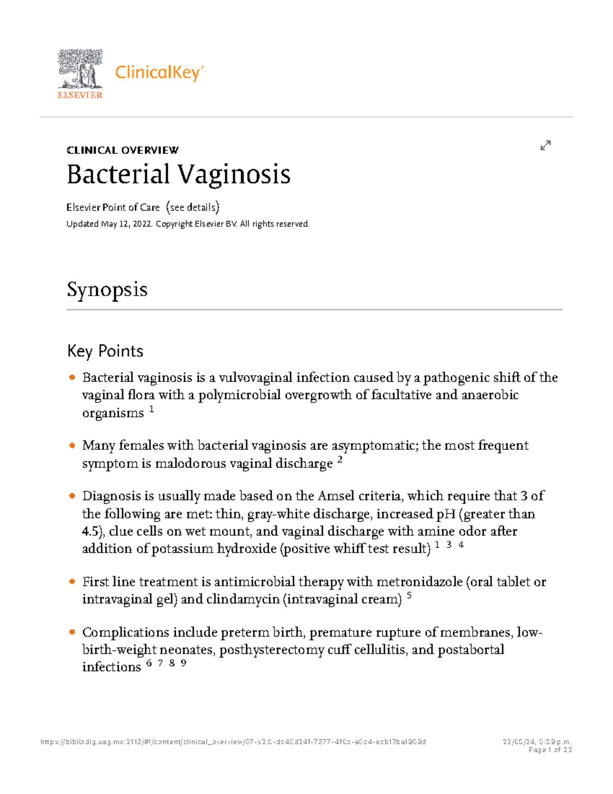 Bacterial Vaginosis - Clinical Key - Synopsis Key Points Bacterial vaginosis is a vulvovaginal ...