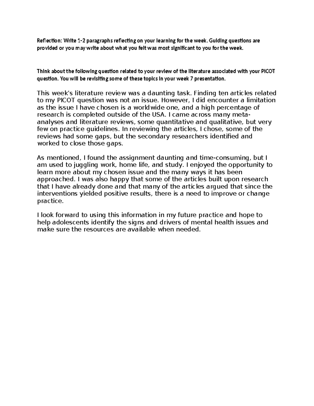 NR505 WEEK 5 Reflection - Reflection: Write 1-2 paragraphs reflecting on your learning for the ...