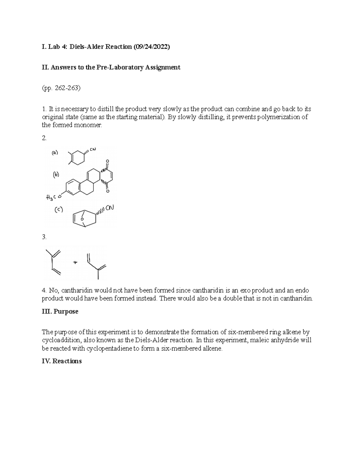 Ochem 2 Diels-Alder - Diels-ALder Report - I. Lab 4: Diels-Alder Reaction (09/24/2022) II ...