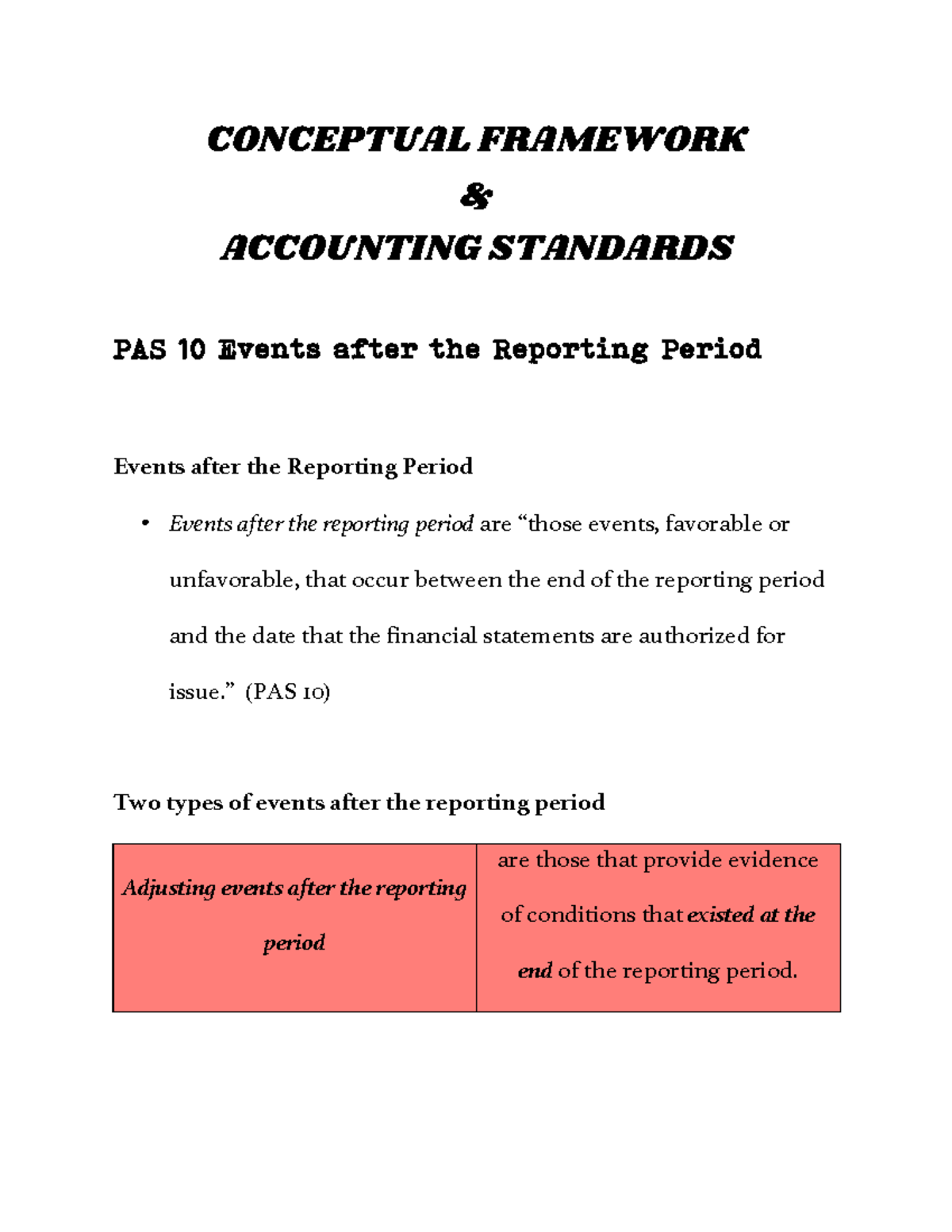 PAS 10 Events after the Reporting Period - CONCEPTUAL FRAMEWORK ...