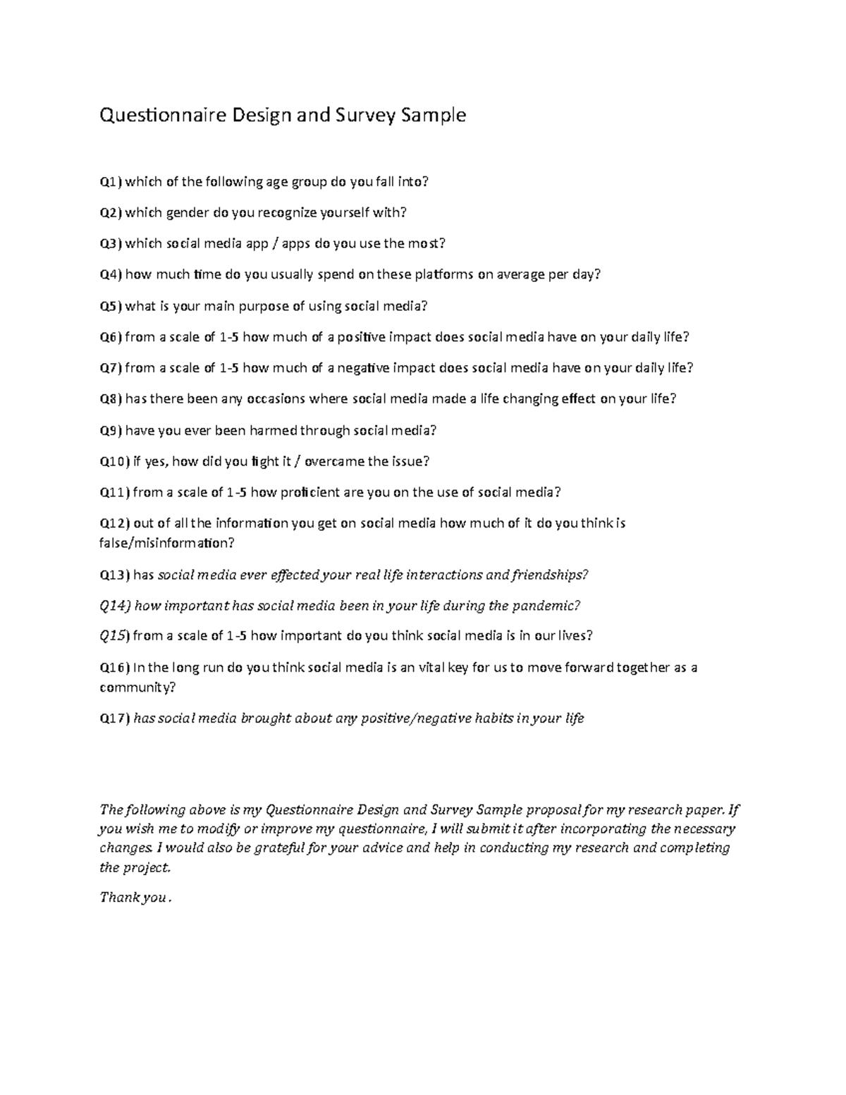 Questionnaire Design and Survey Sample - If you wish me to modify or ...