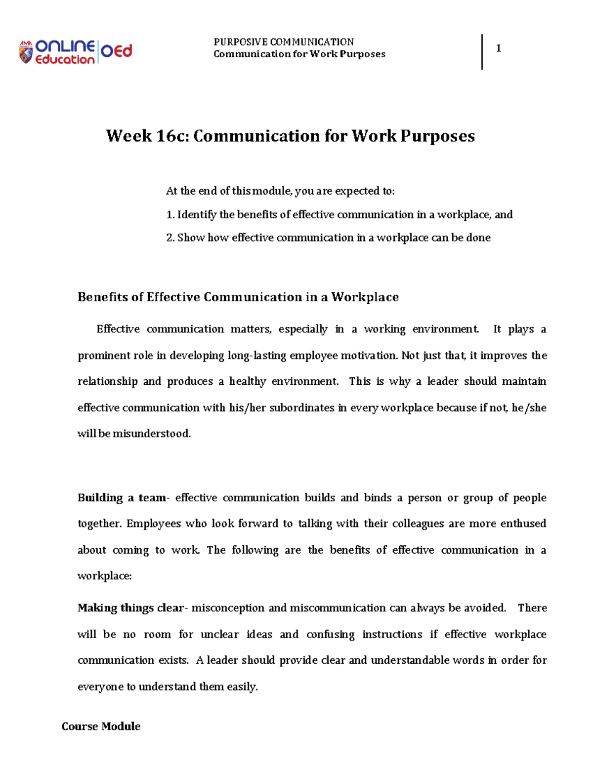 Week 16c Communication for Work Purposes - PURPOSIVE COMMUNICATION ...