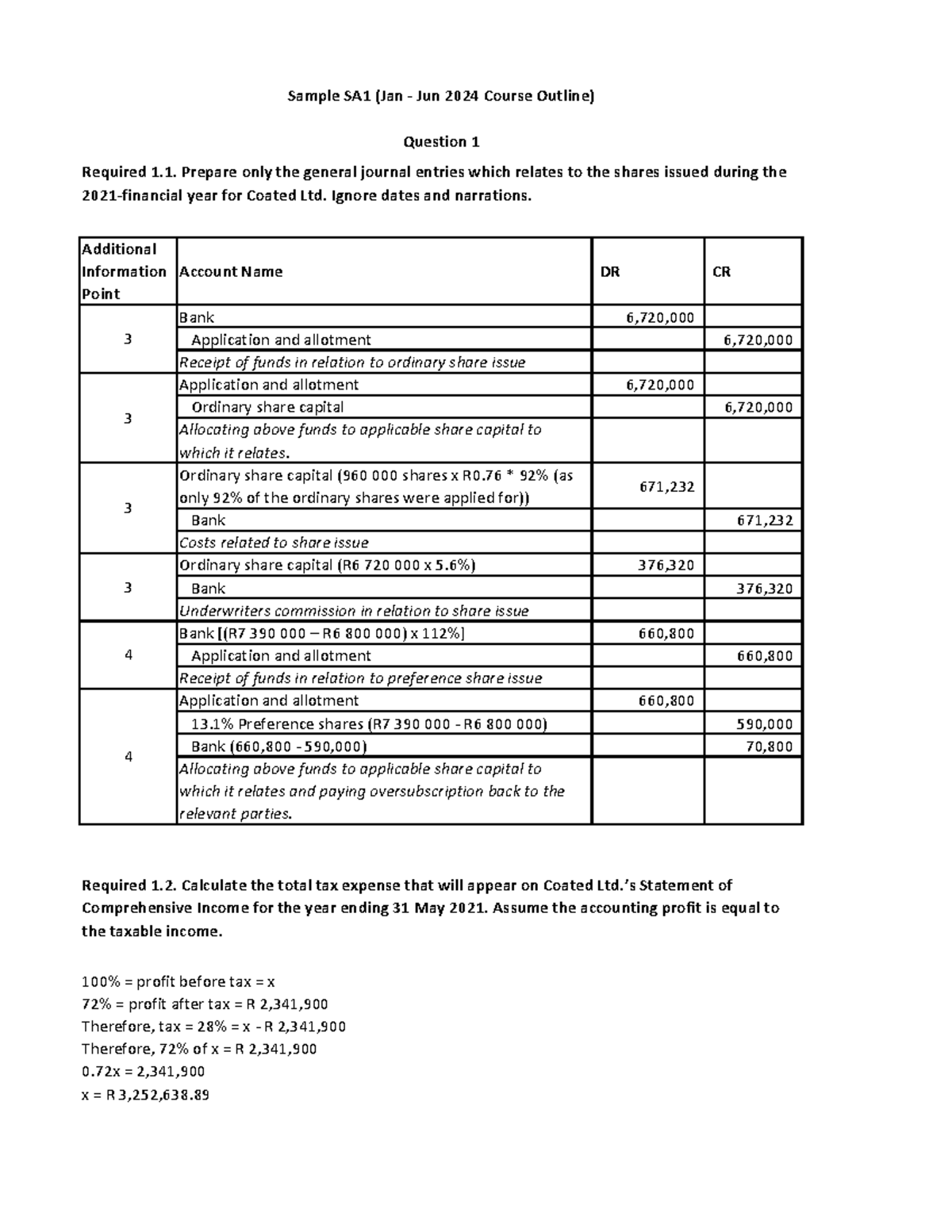 Sample SA1 Revised Memo Q1 - Additional Information Point Account Name ...