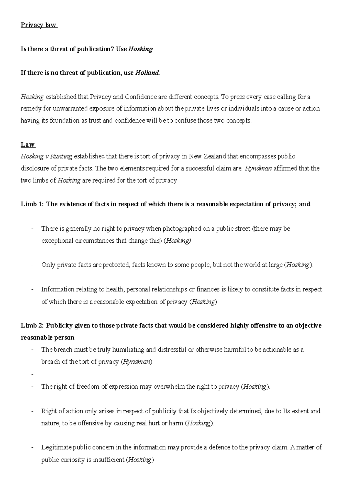 Privacy Law CHEAT SHEET - Privacy law Is there a threat of publication ...