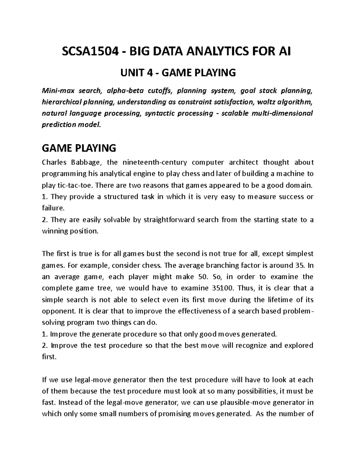 UNIT 4 - GAME Playing - Game play notes - SCSA1504 - BIG DATA ANALYTICS ...