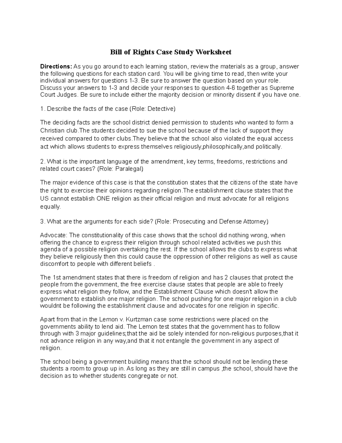 Bill of Rights Case Study Worksheet Template - Bill of Rights Case ...