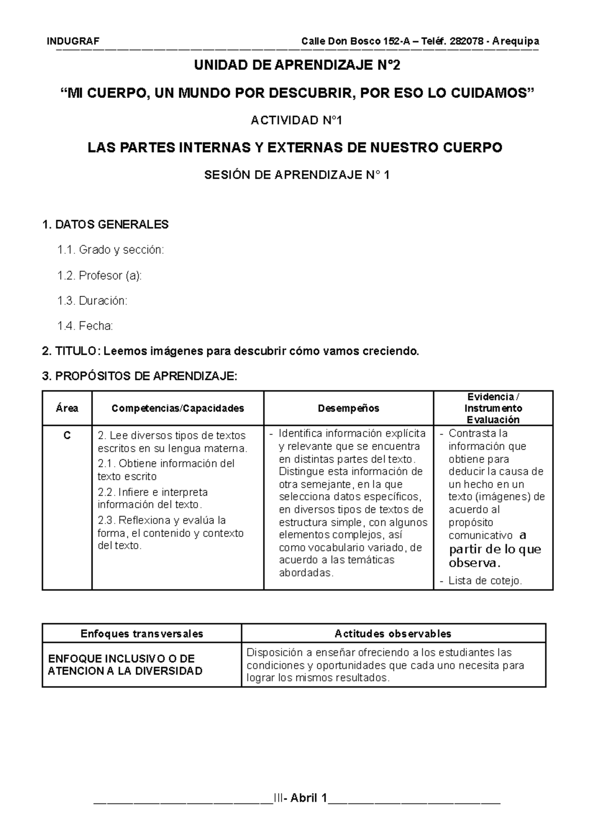 3° Abril - Unidad Sesiones pammmm - UNIDAD DE APRENDIZAJE N° “MI CUERPO ...