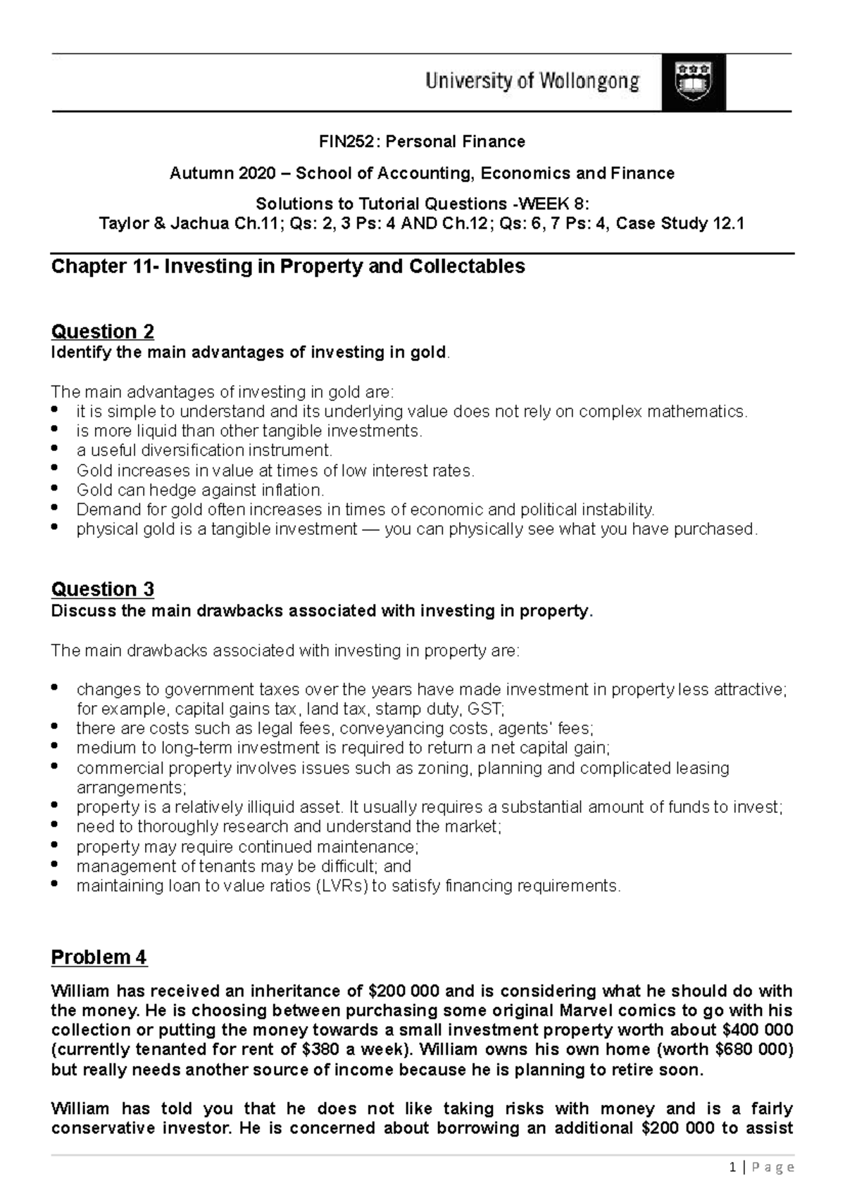 FIN252 Tutorial solution week 8 - FIN252: Personal Finance Autumn 2020 ...