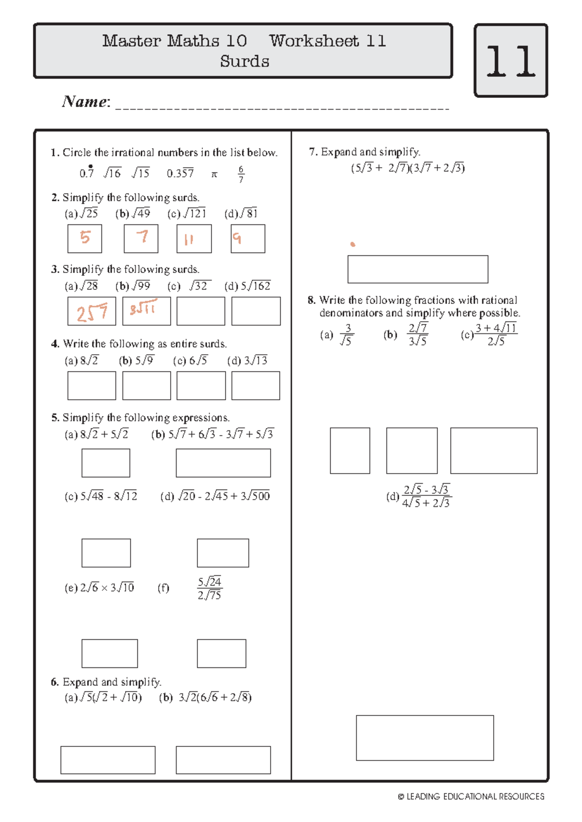 11. Surds - notes - Ó LEADING EDUCATIONAL RESOURCES Name: Master Maths ...