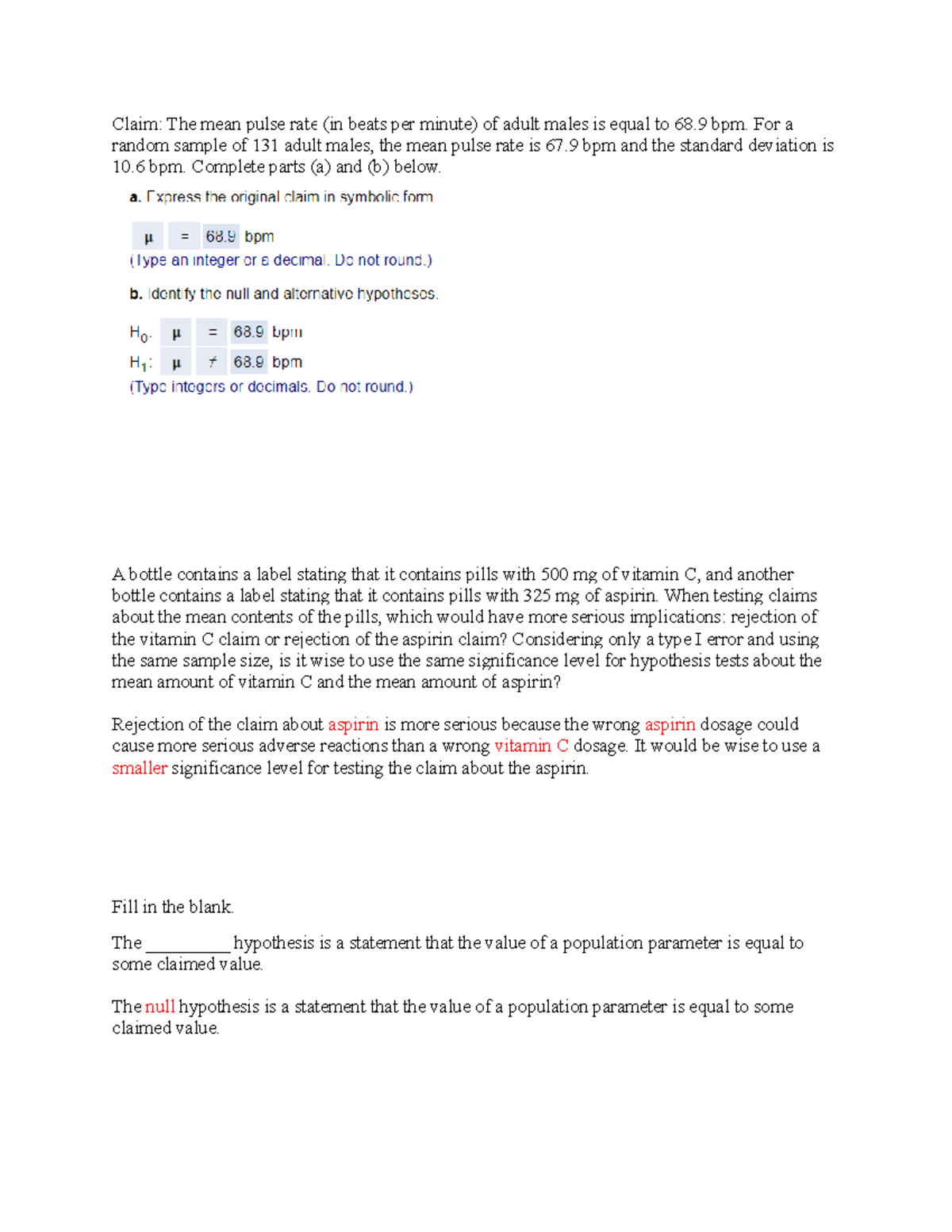 HW Section 8 - Teach by Prof. Weidong Chen - Claim: The mean pulse rate (in beats per minute) of ...