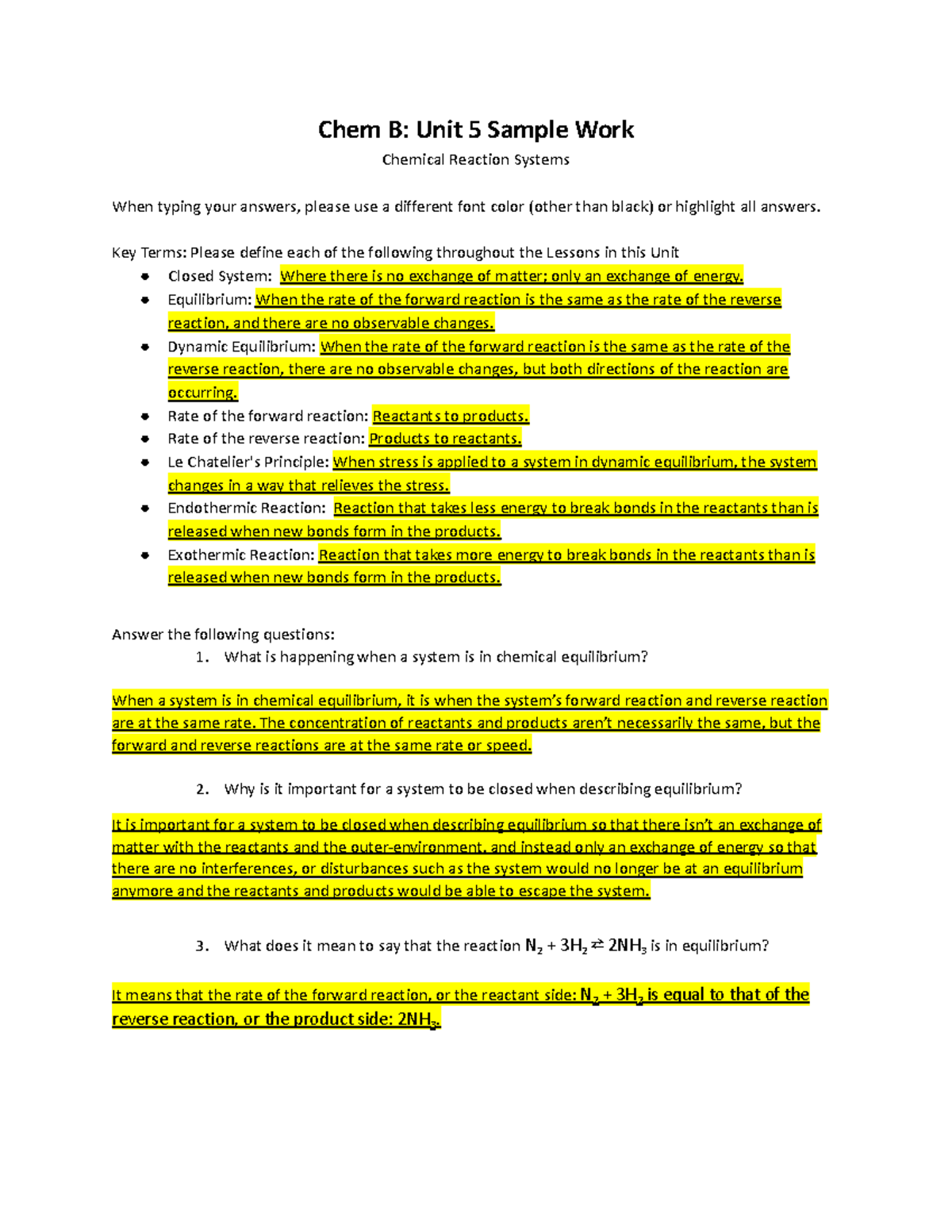 Chemistry 11 Unit 5 Study Guide - Chem B: Unit 5 Sample Work Chemical ...