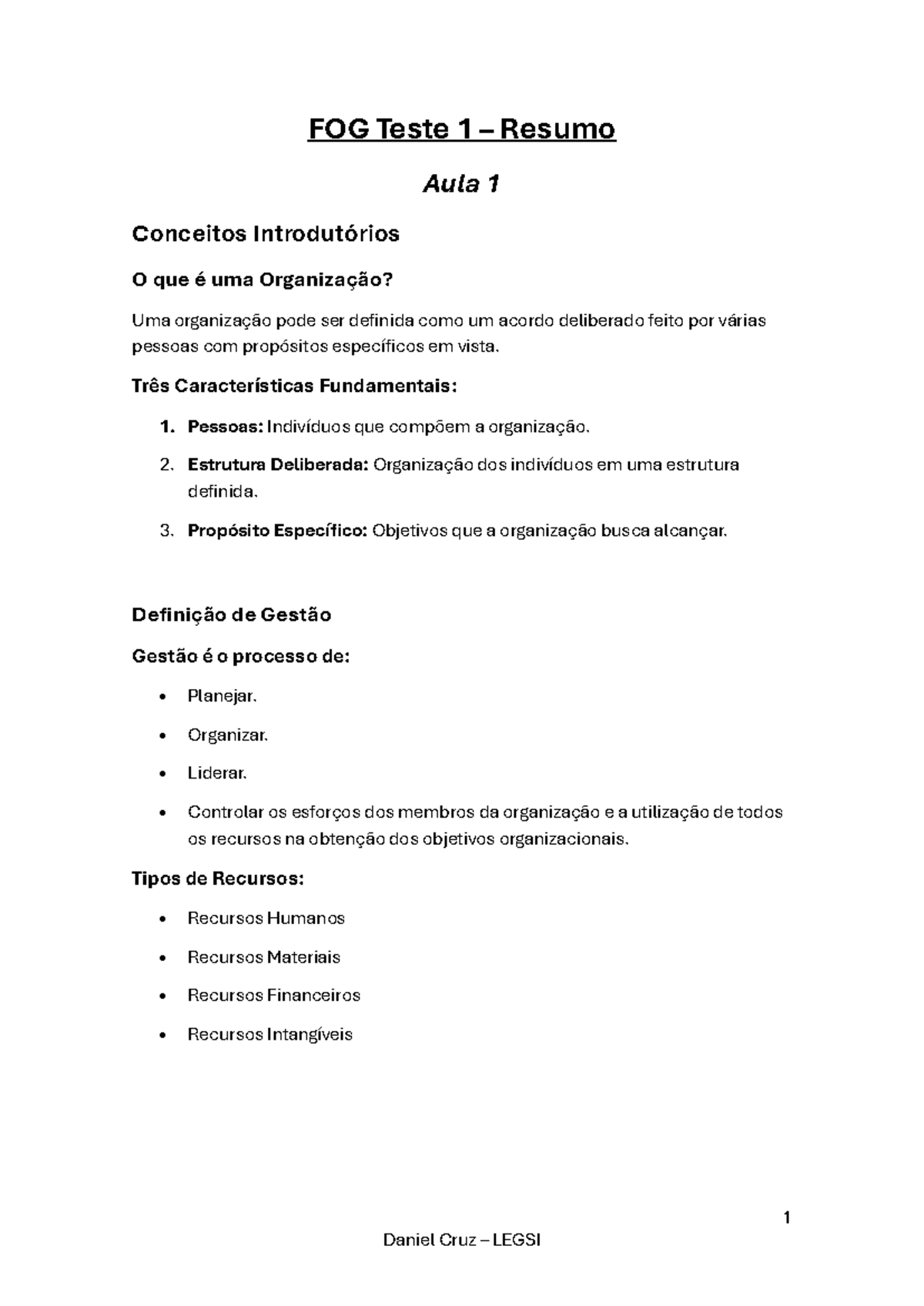 FOG Teste 1 - Resumo - 1 FOG Teste 1 – Resumo Aula 1 Conceitos ...