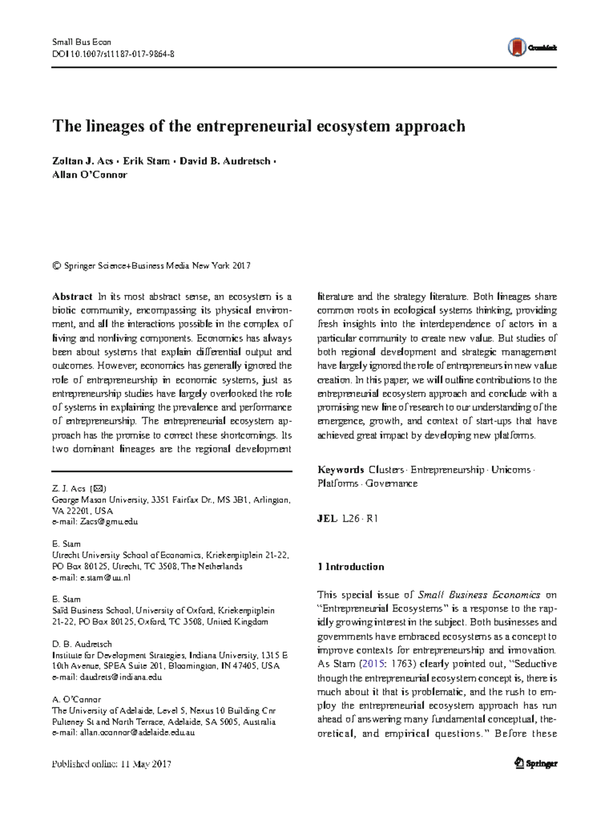 The lineages of the entrepreneurial ecosystem approach - Acs & Erik ...
